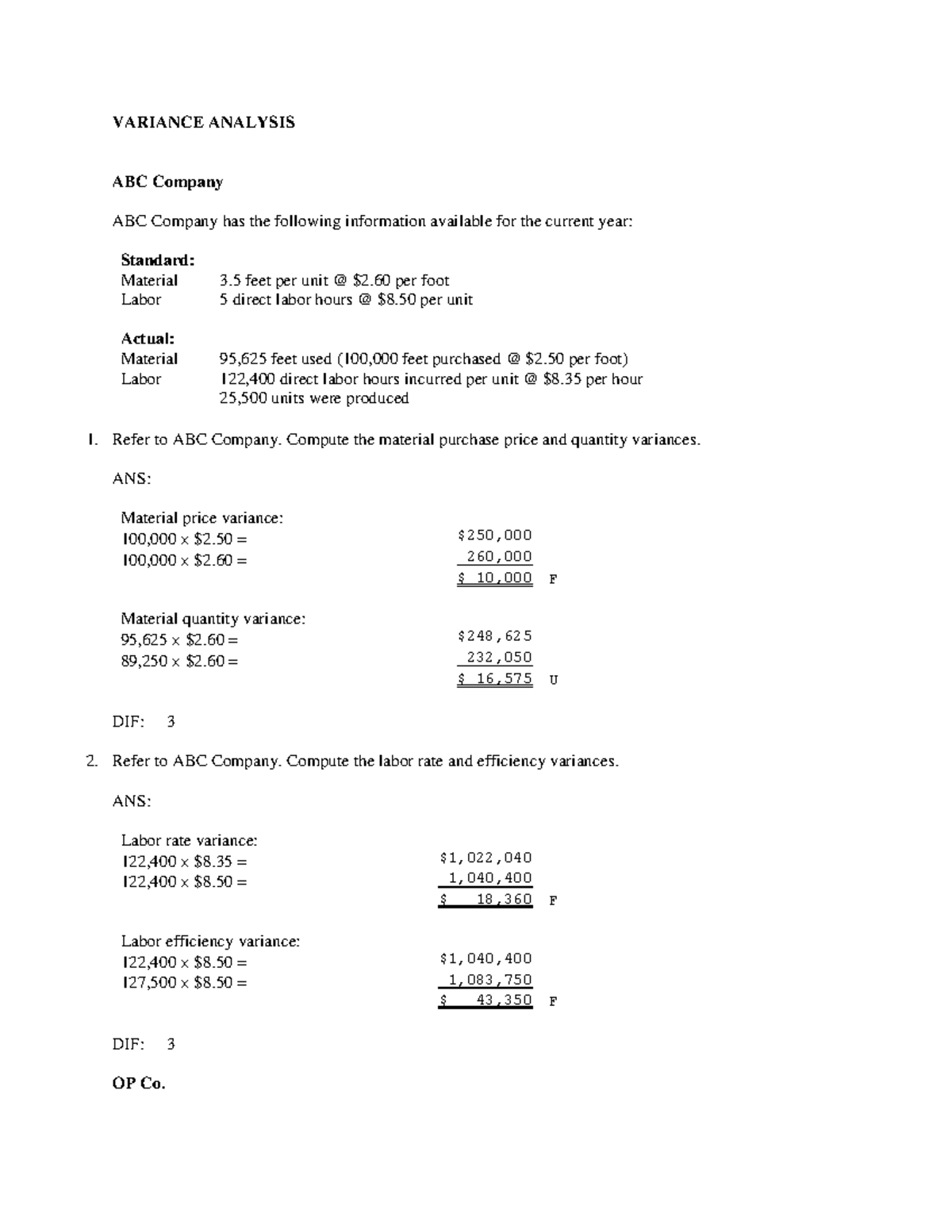 variance analysis - VARIANCE ANALYSIS ABC Company ABC Company has the ...
