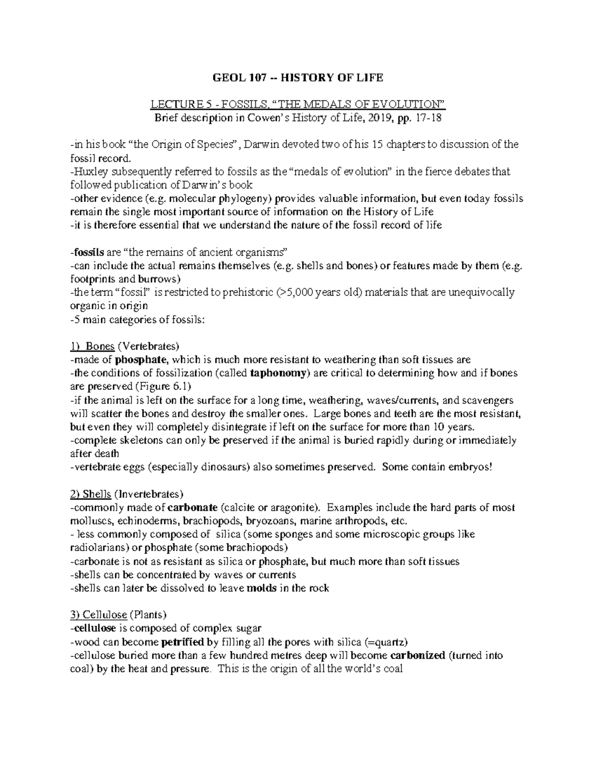 Geol107-lecture 5 2022 Fossils complete - GEOL 107 - HISTORY OF LIFE ...