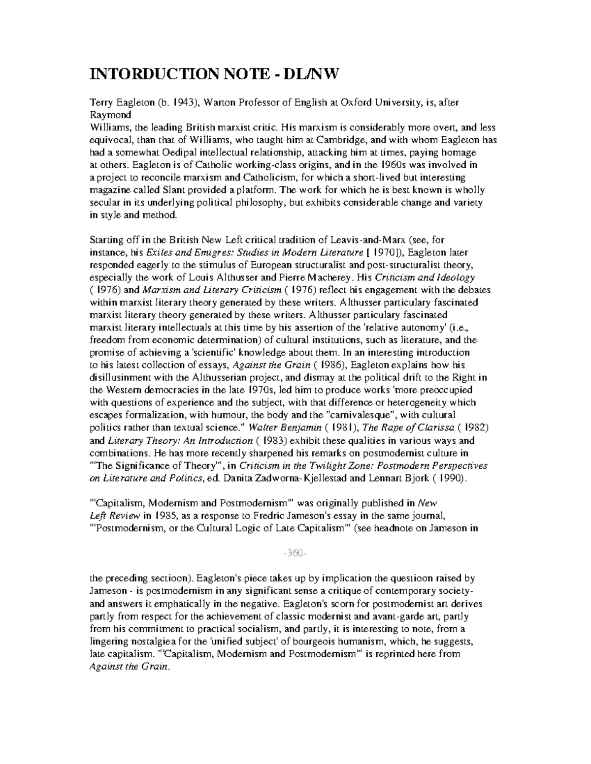 Terry Eagleton Capitalism, Modernism and Postmodernism - INTORDUCTION ...