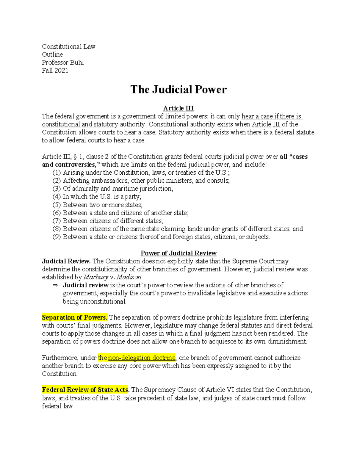 Con Law Outline - Constitutional Law Outline Professor Buhi Fall 2021 ...