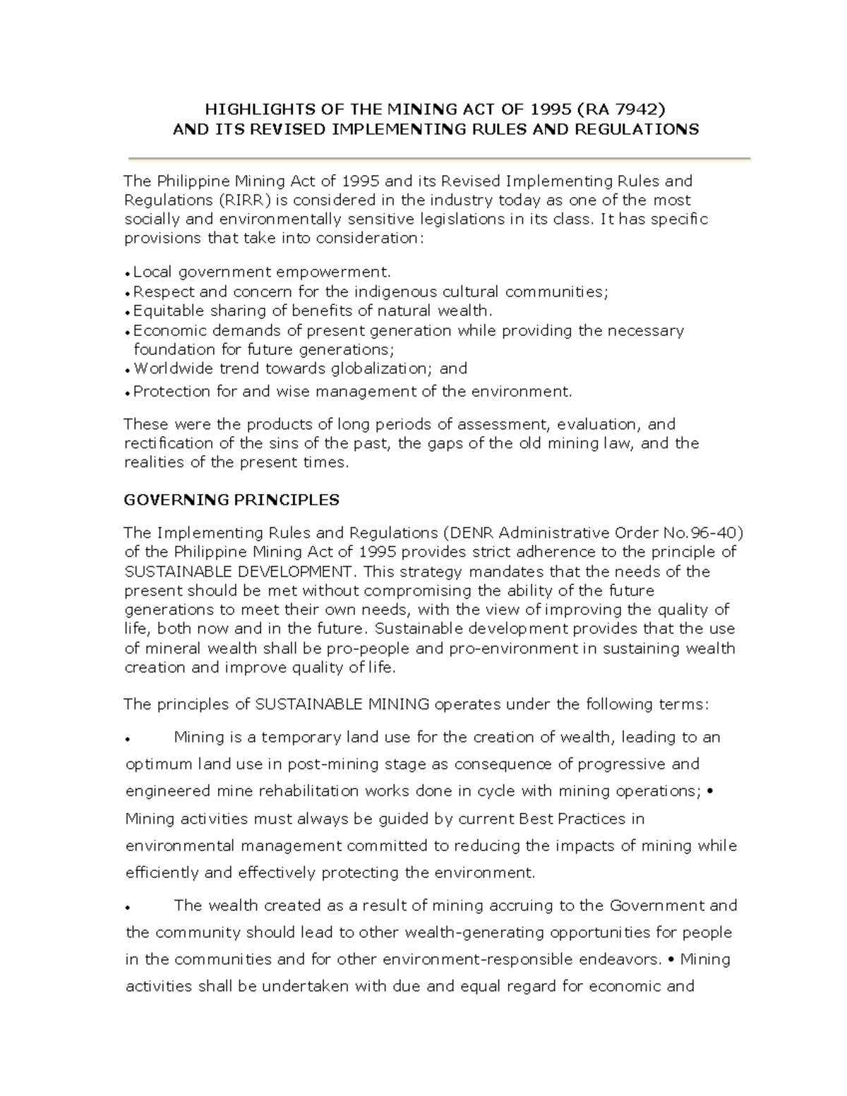 Highlights of The Mining Act of 1995 - HIGHLIGHTS OF THE MINING ACT OF ...