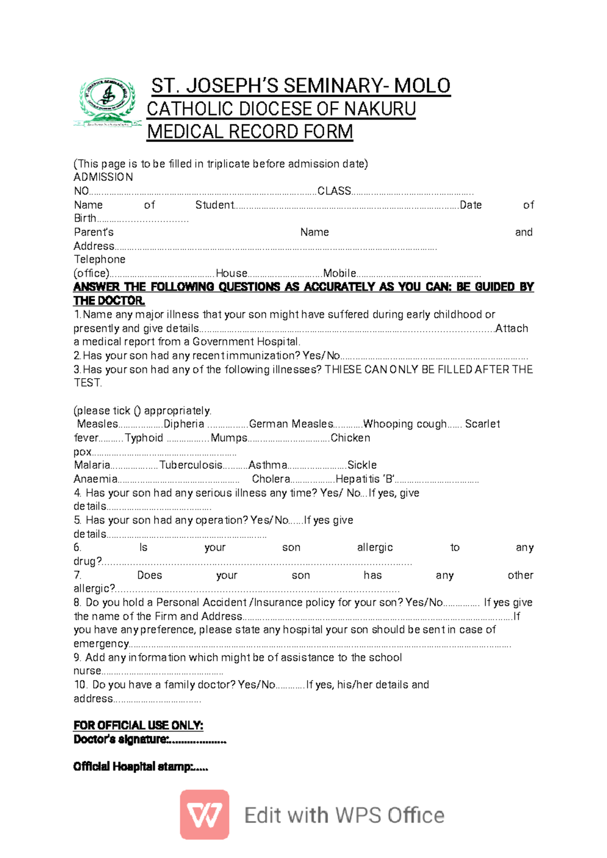 Edited Medical Form SJJS - ST. JOSEPH’S SEMINARY- MOLO CATHOLIC DIOCESE ...
