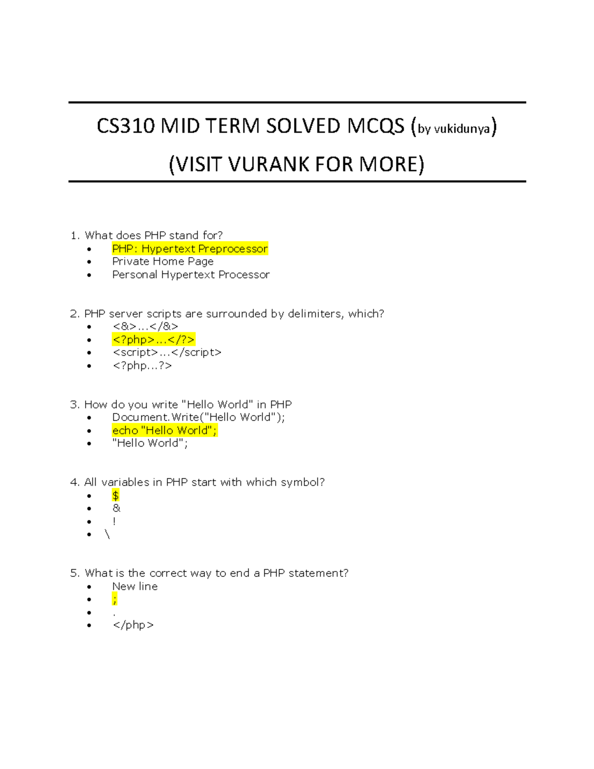 CS310 MID TERM Solved MCQs - CS310 MID TERM SOLVED MCQS (by vukidunya) (VISIT VURANK FOR MORE) 1 ...