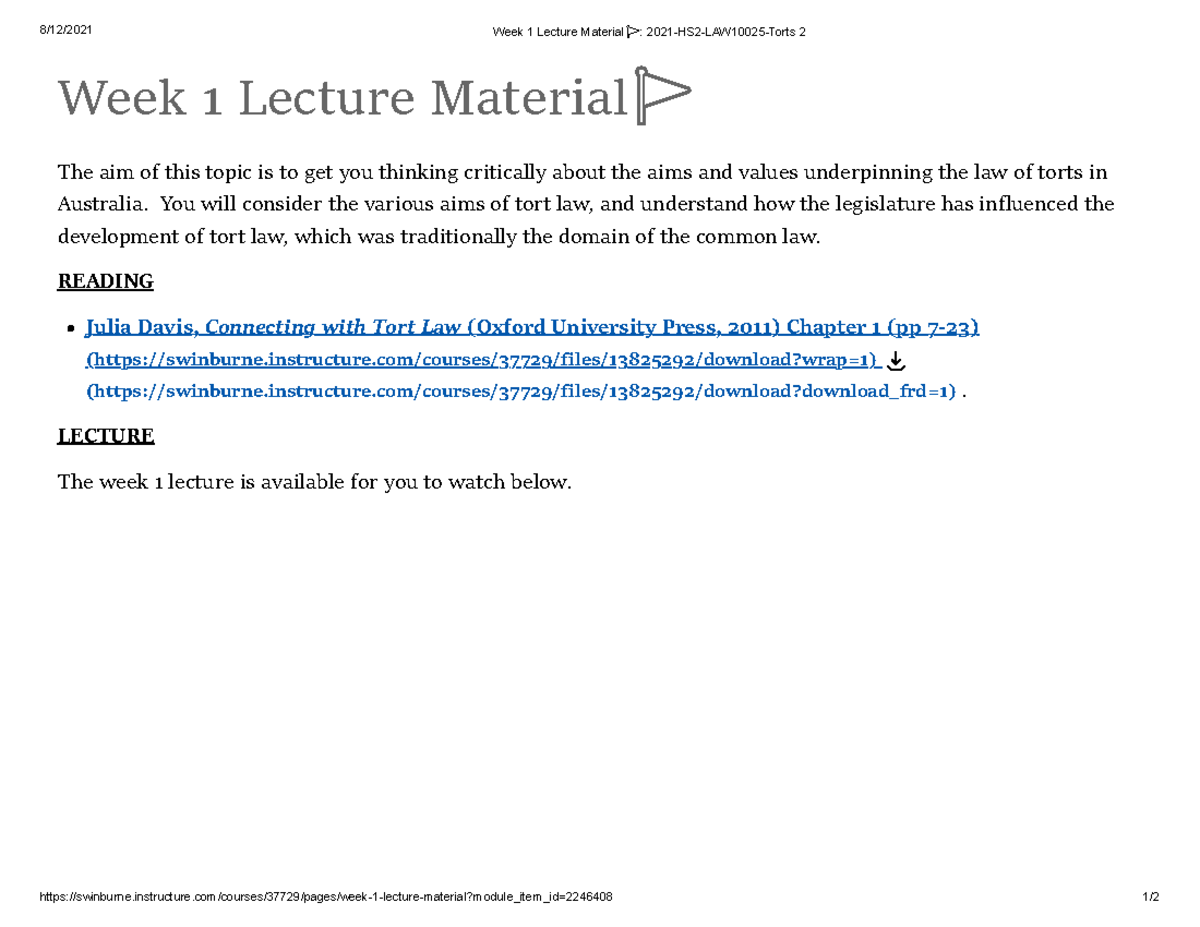 Week 1 Lecture Material🚩 2021-HS2-LAW10025-Torts 2 - - Studocu