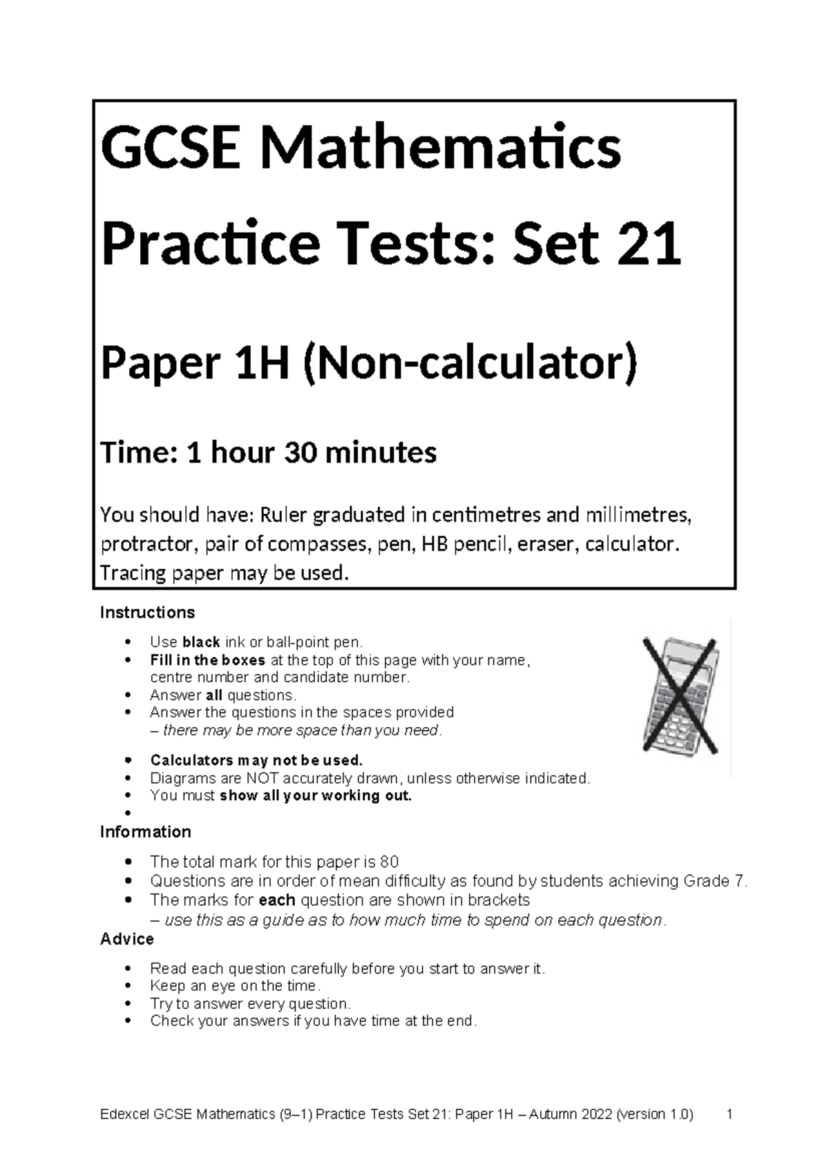 05 Practice Tests Set 21 - Paper 1H - GCSE Mathematics Practice Tests ...