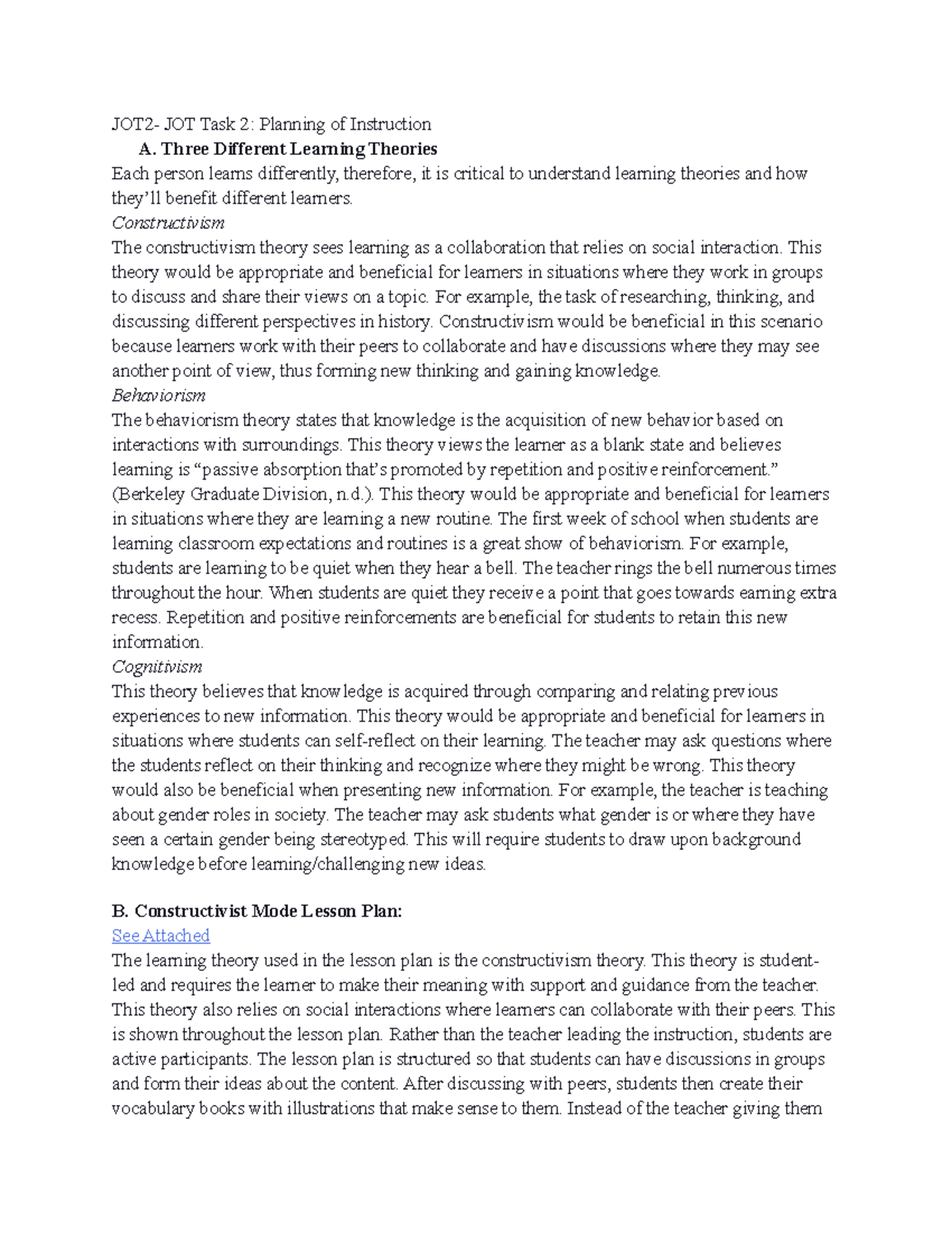 JOT2- JOT Task 2 Planning of Instruction - Three Different Learning ...