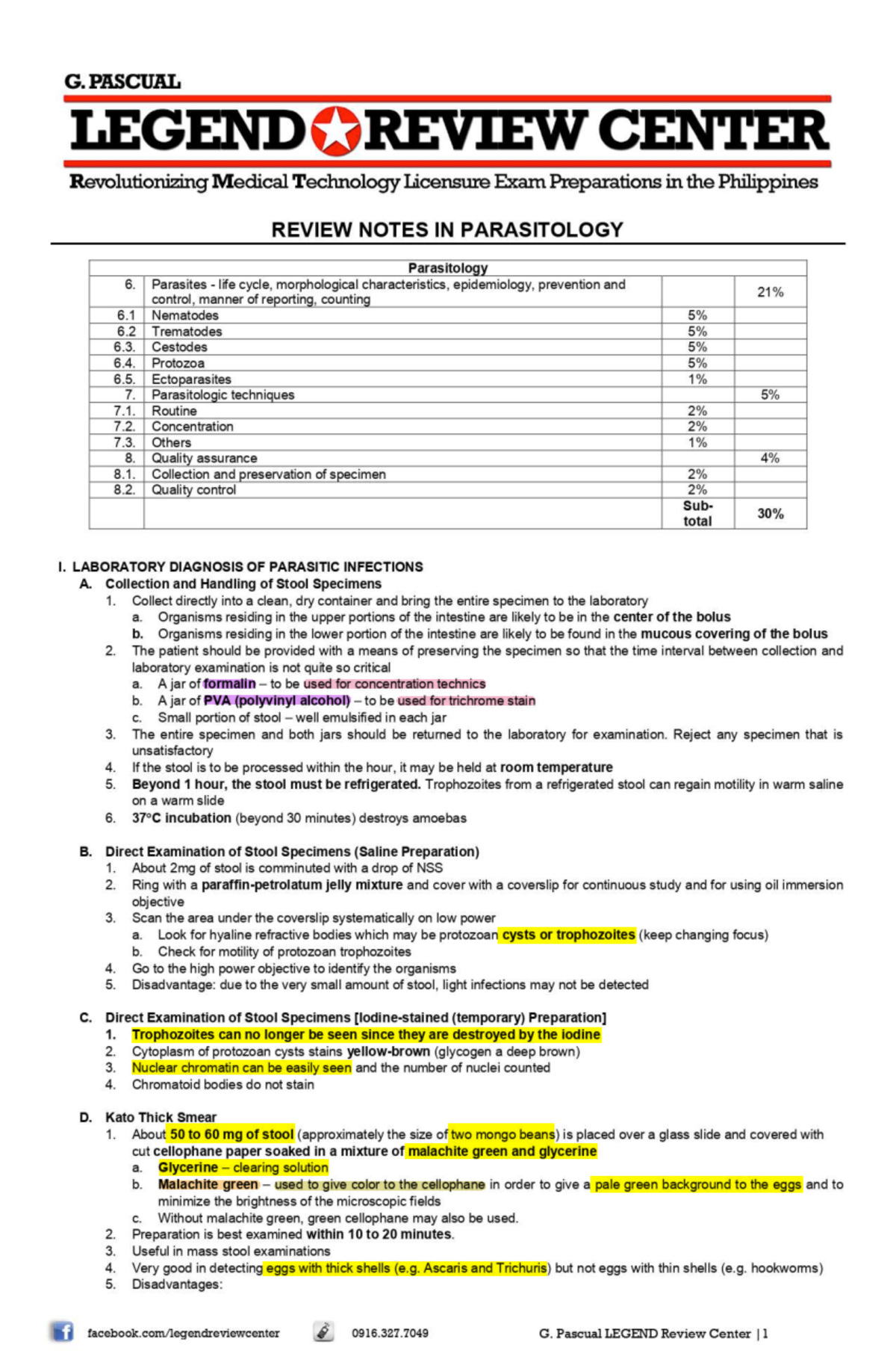 Parasitology-Notes-Legends 220906 223421 - G. PÄSCUÄL r.EGm'D REVIEW ...