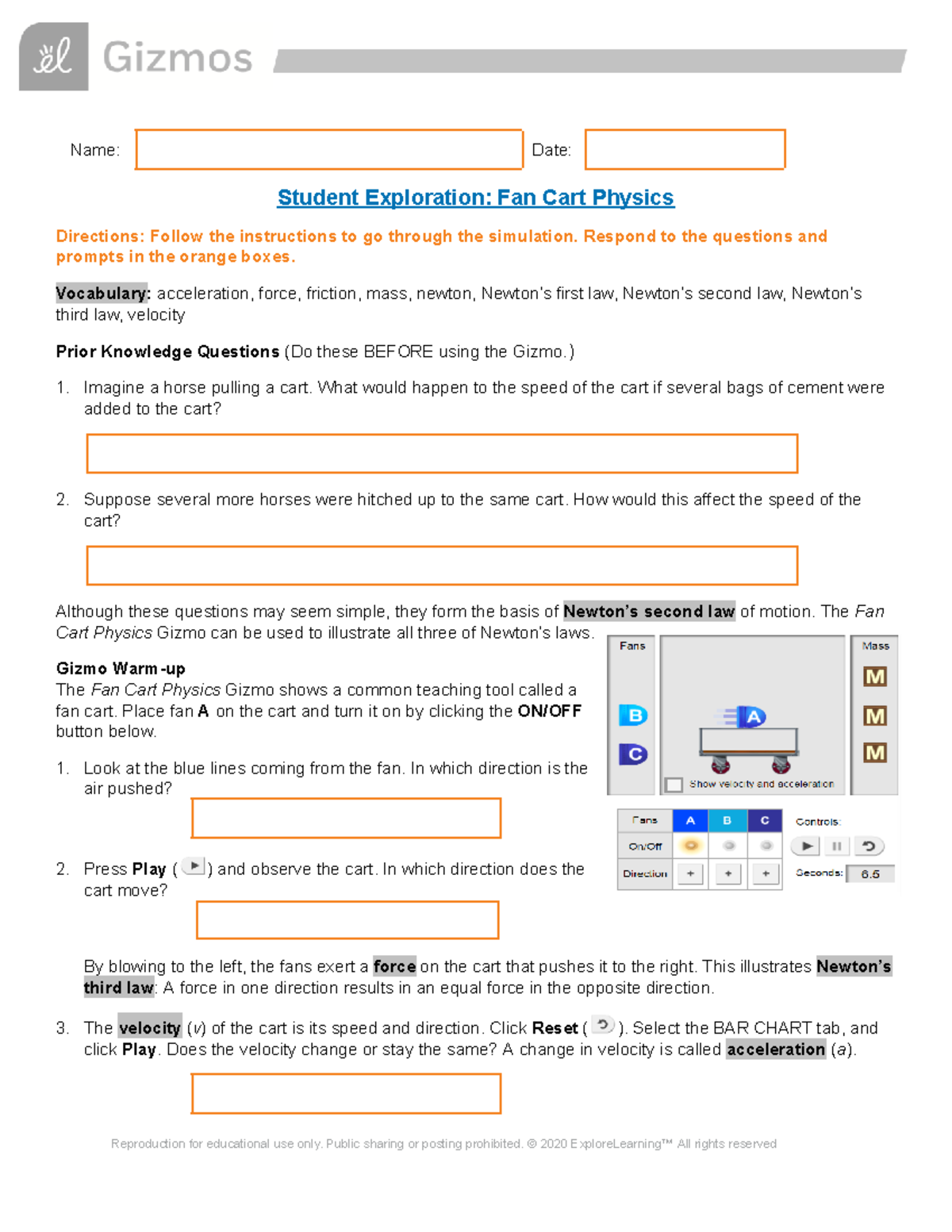 Fan Cart Physics SE - hhjj - Name: Date: Student Exploration: Fan Cart ...