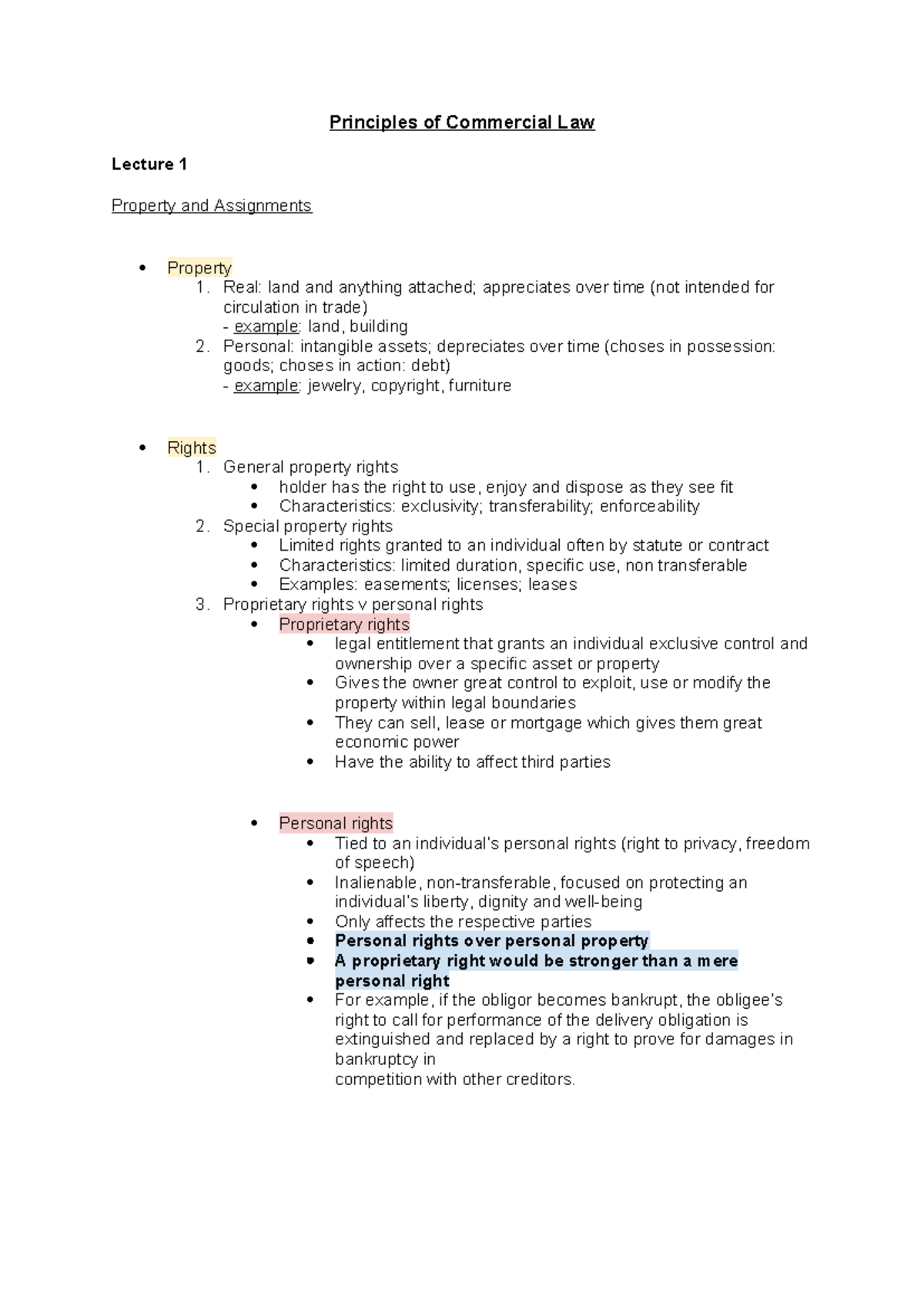 Notes for w1 - Principles of Commercial Law Lecture 1 Property and ...
