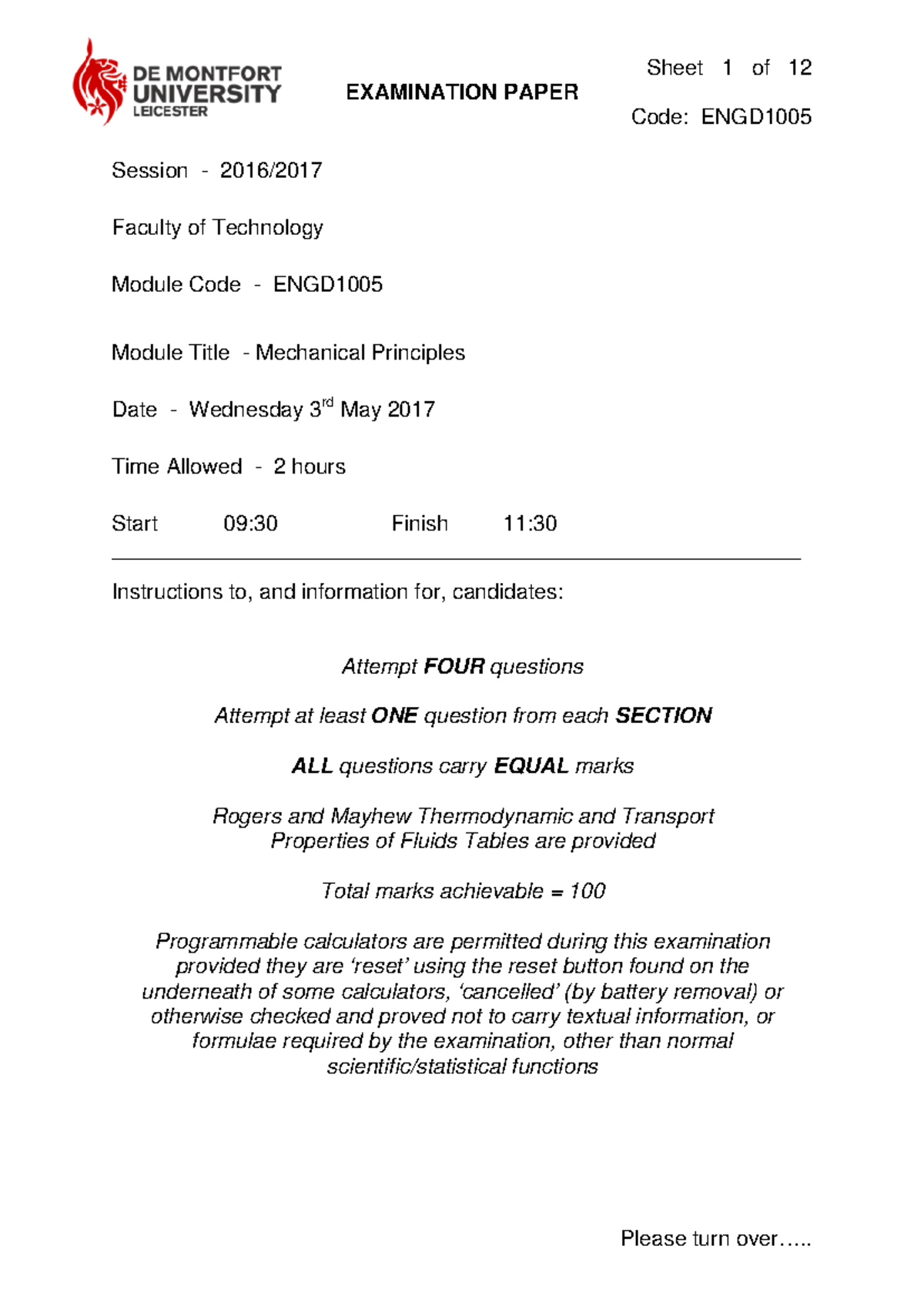 ENGD1005 2017 Exam - EXAMINATION PAPER Code: ENGD Please turn over ...