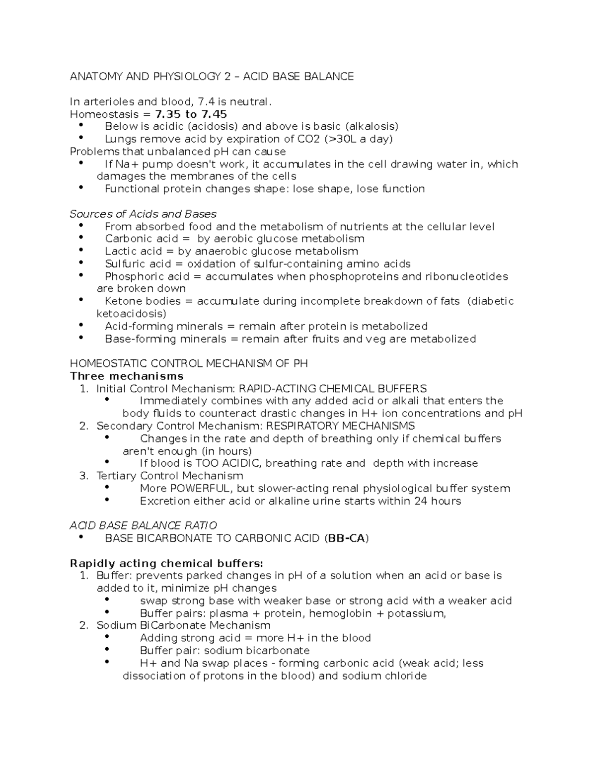 Anatomy and Physiology 2 Acid Base Balance - Studocu