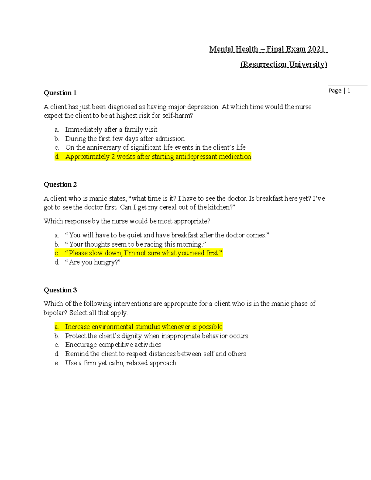 Mental Health - Final Exam of 80 Questions - Mental Health – Final Exam ...