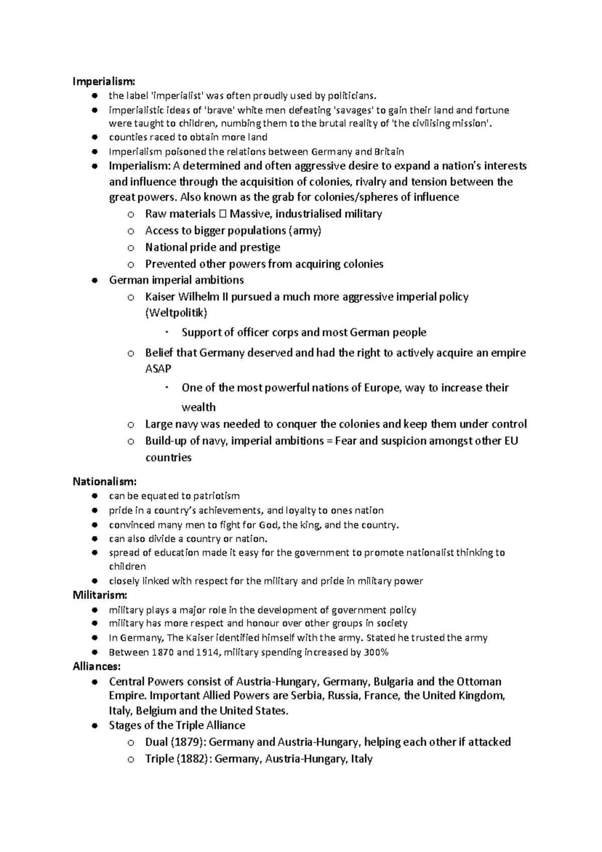 WW1 summary notes - Imperialism: the label 'imperialist' was often ...