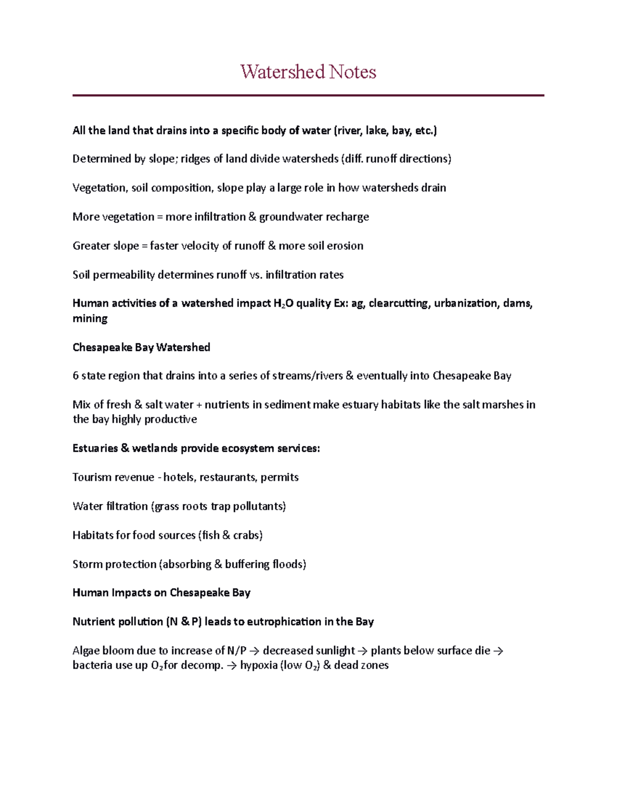 Watershed Notes - Watershed Notes All the land that drains into a ...