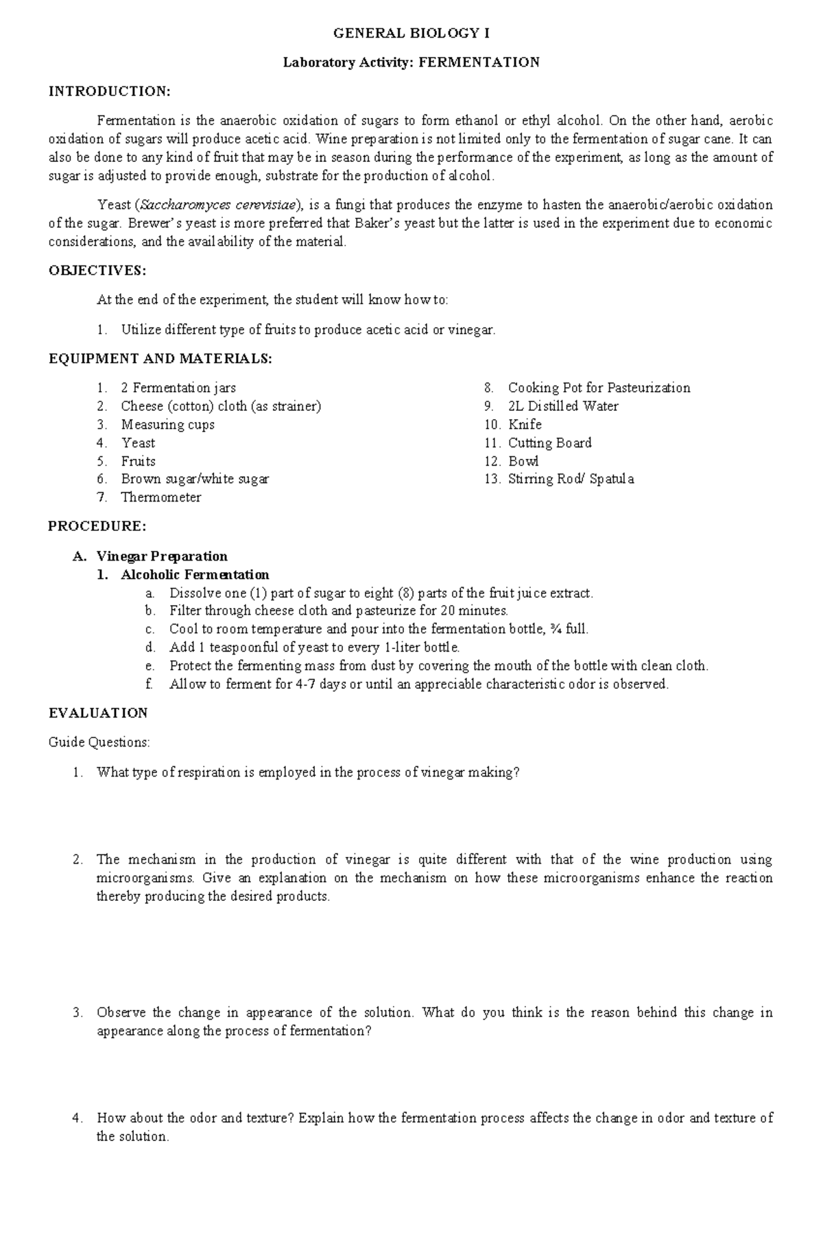 Vinegar- Making - GENERAL BIOLOGY I Laboratory Activity: FERMENTATION ...