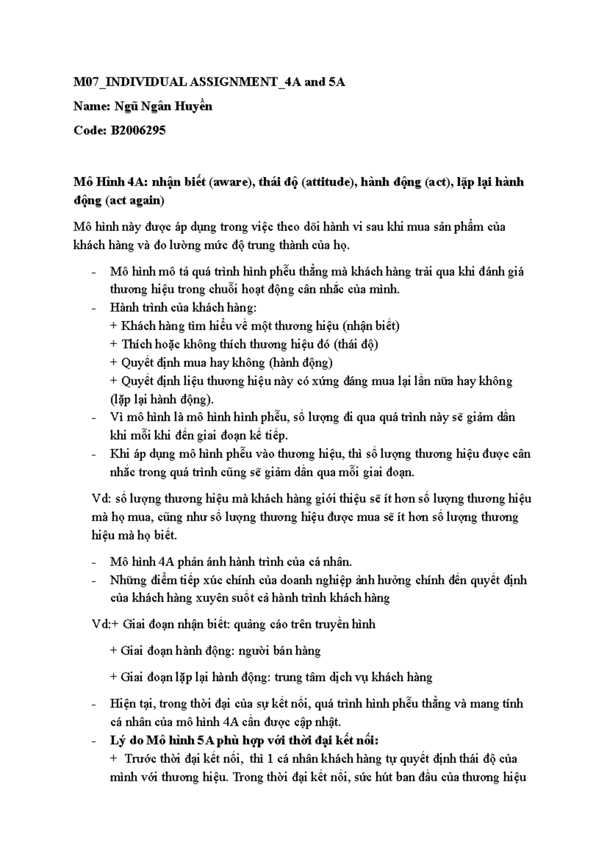 M07 Individual assignment - M07_INDIVIDUAL ASSIGNMENT_4A and 5A Name: Ngũ Ngân Huyền Code: B Mô ...