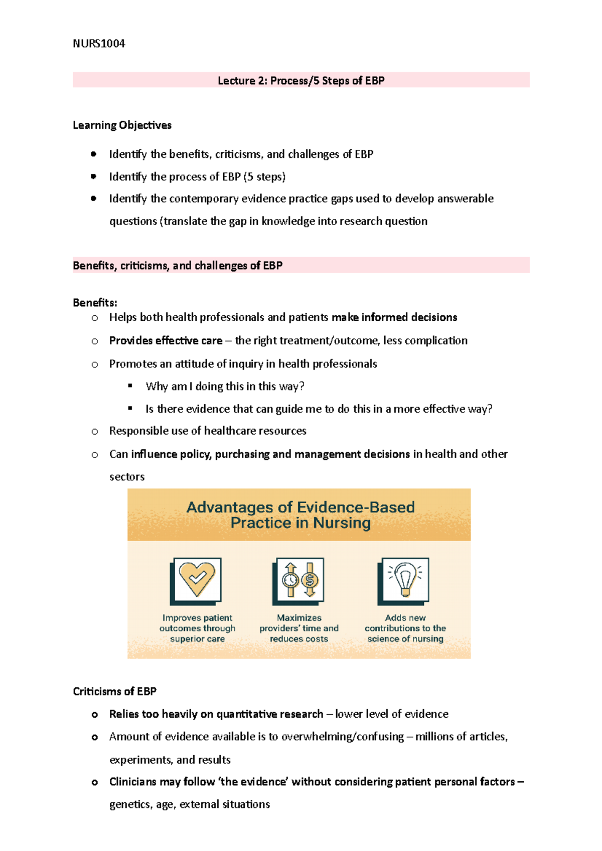 L2- Process of EBP (5 steps) - NURS Lecture 2: Process/5 Steps of EBP ...