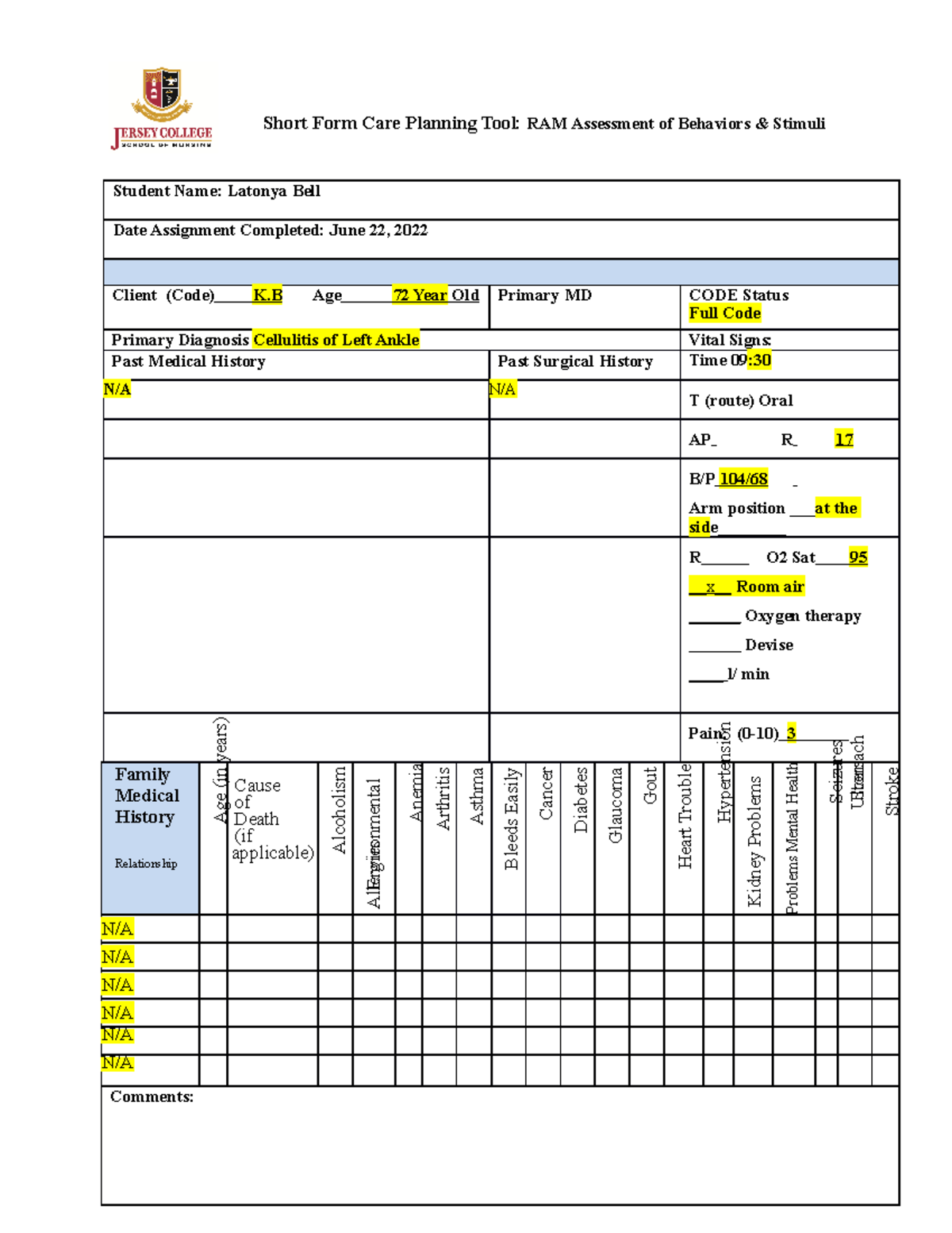 Karen Care Plan MS2 - Care plan sample - Short Form Care Planning Tool ...