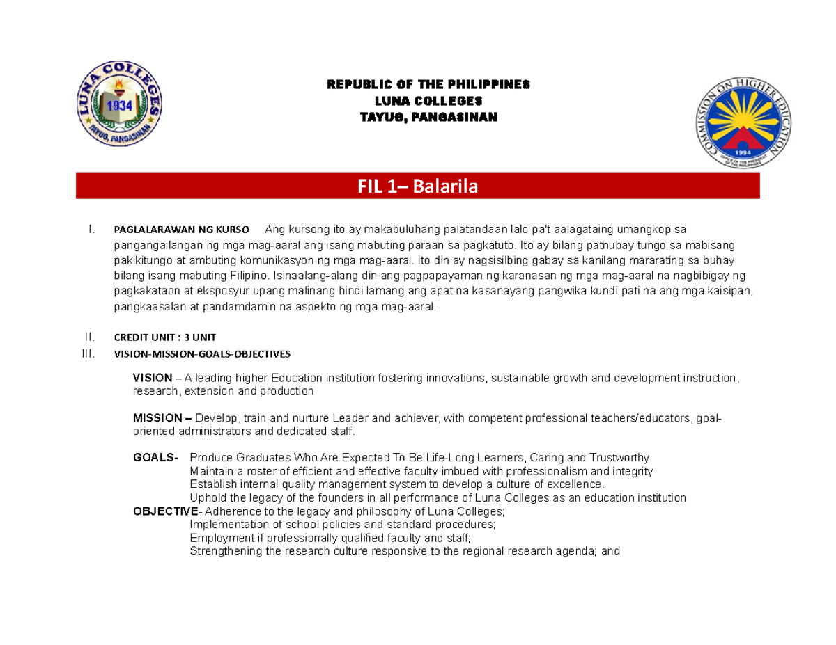 Balarila syllabus - REPUBLIC OF THE PHILIPPINES LUNA COLLEGES TAYUG ...