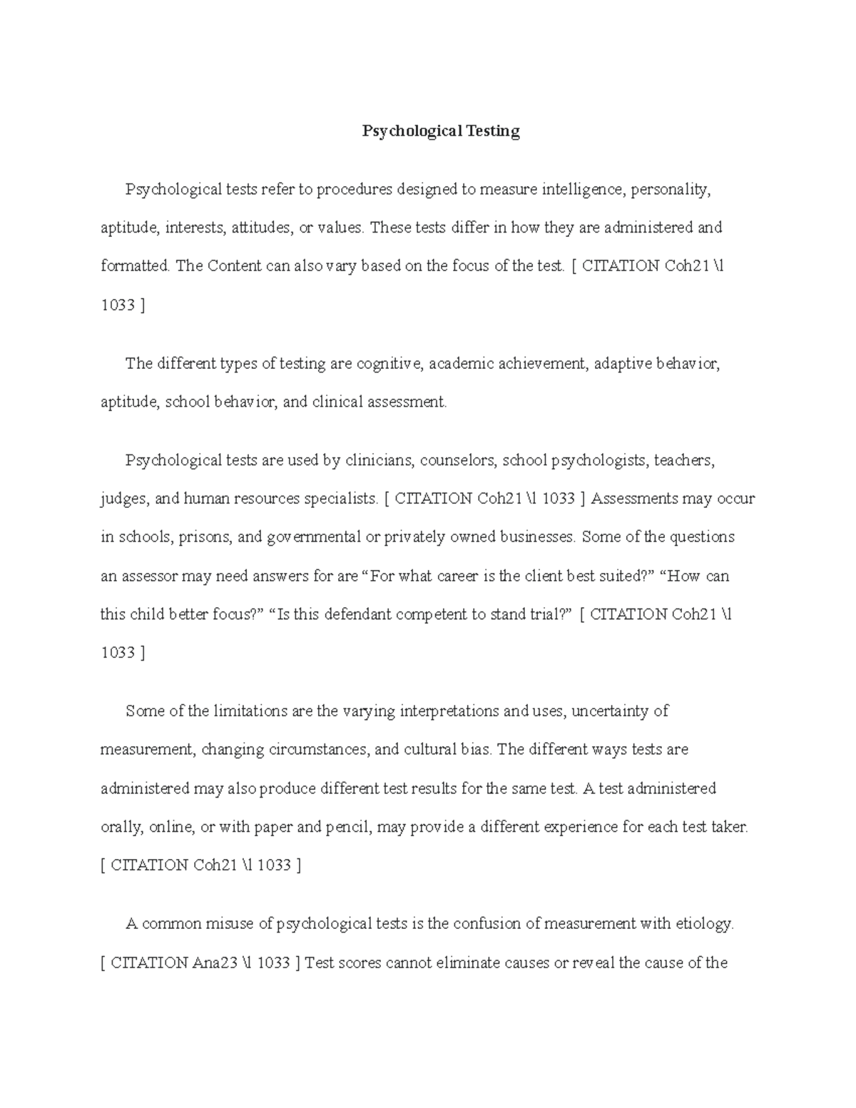 1-2 Short Paper Psychological Testing - Psychological Testing ...