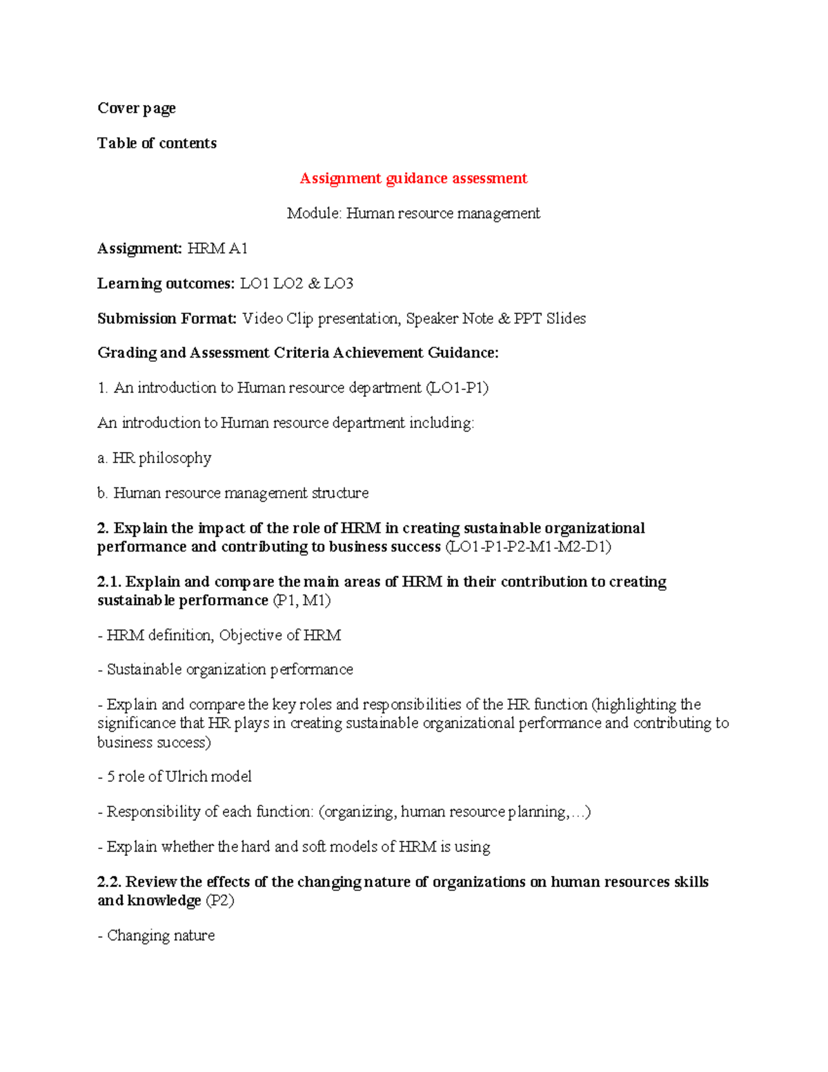 Outline-HRM-A1 - outline hrm - Cover page Table of contents Assignment ...