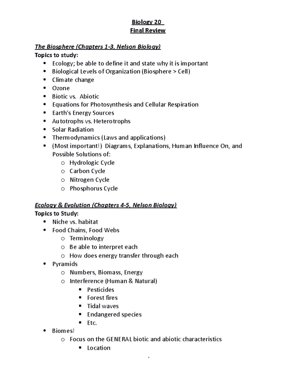 Biology 20 Final Review Checklist - Biology 20 Final Review The ...