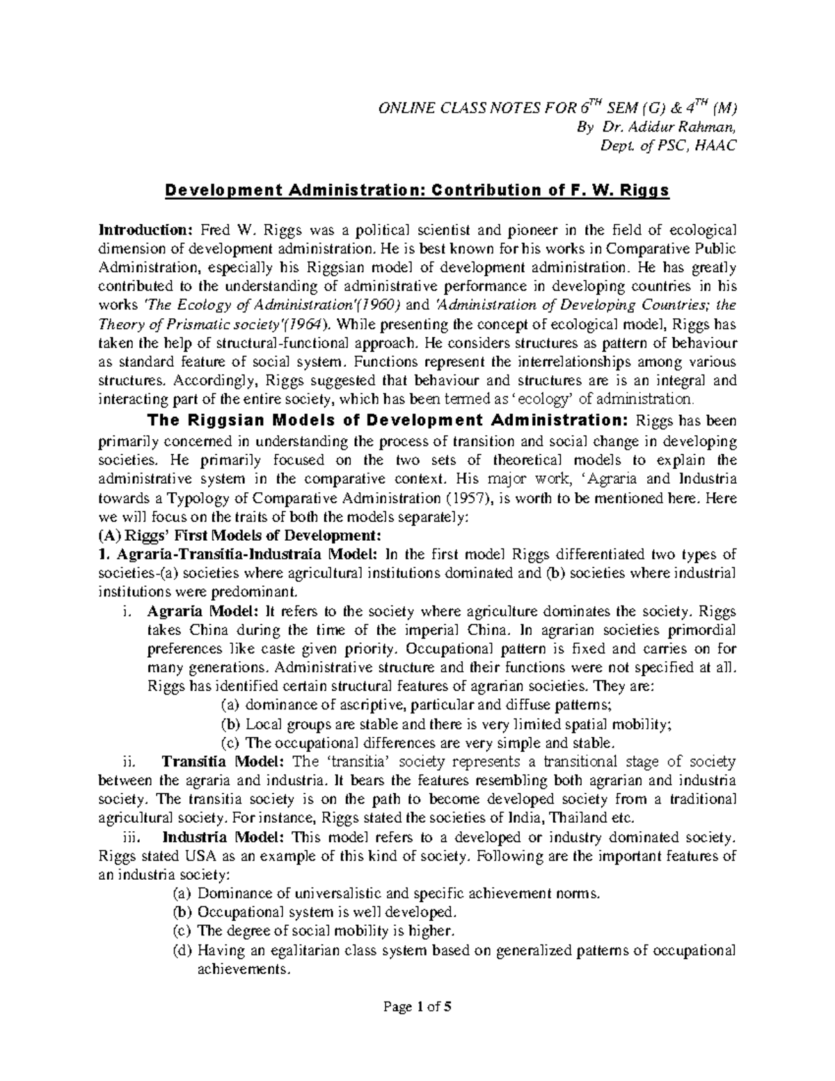 Ecological approach (Fred Riggs) - ONLINE CLASS NOTES FOR 6TH SEM (G ...