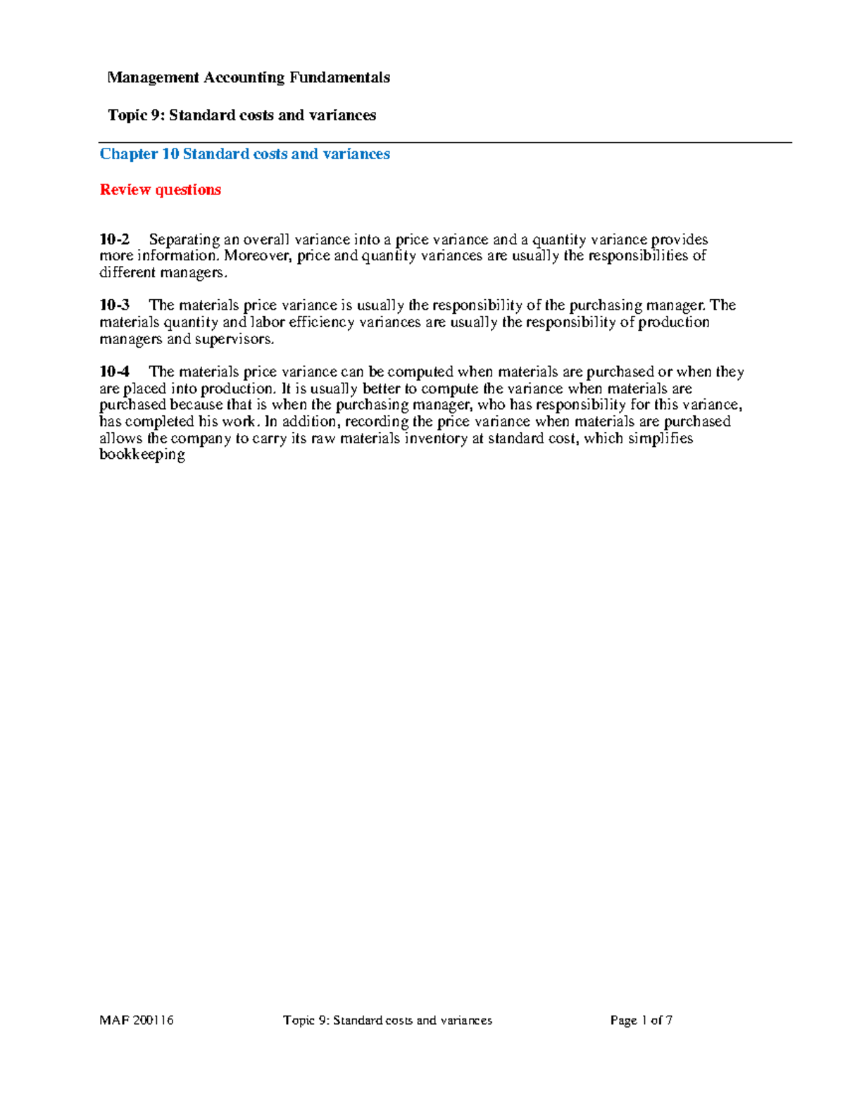 Topic 9 Standard costs and variances - Chapter 10 Standard costs and ...