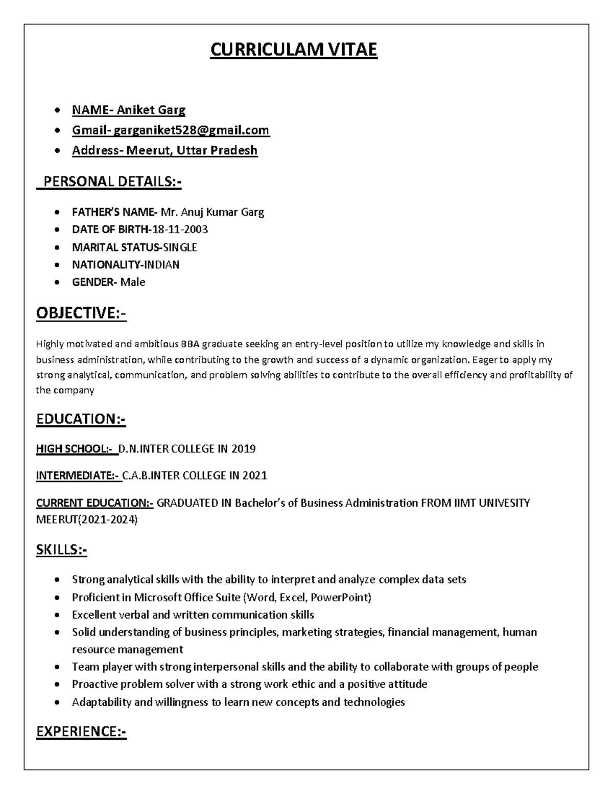 Aniket Resume new 2 - provide me this notes - CURRICULAM VITAE NAME ...