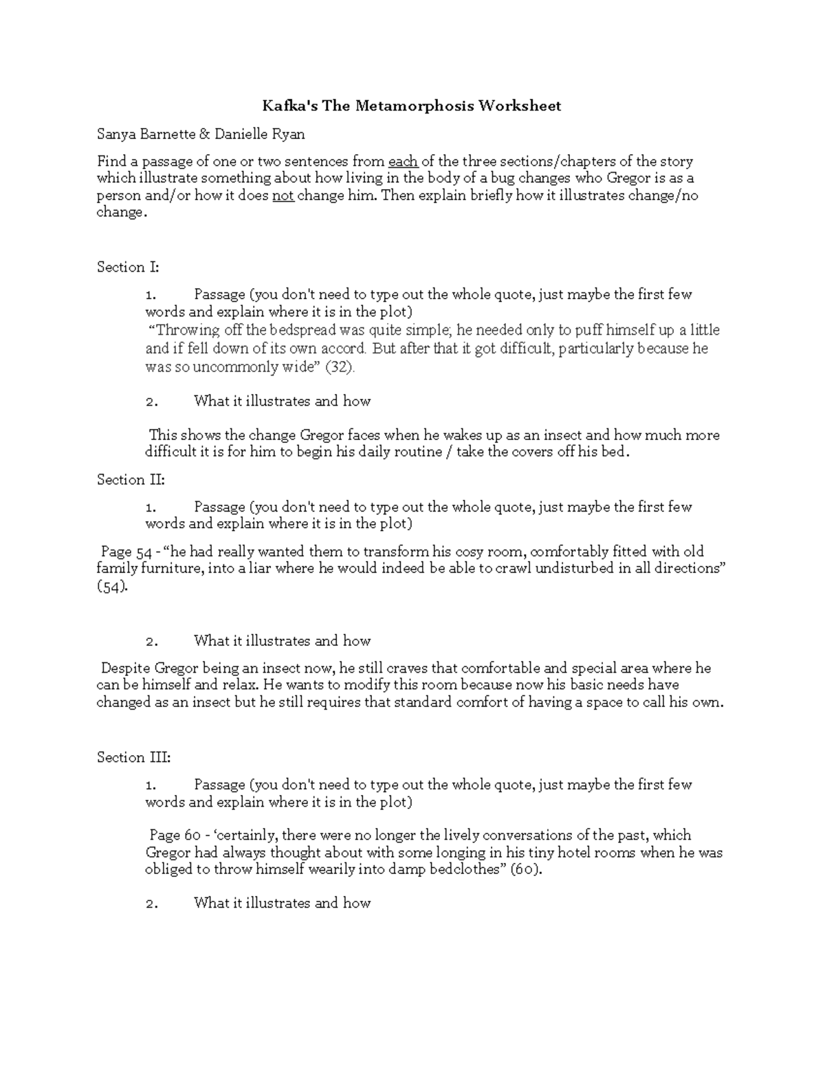 Kafka In Class Worksheet - Kafka's The Metamorphosis Worksheet Sanya ...