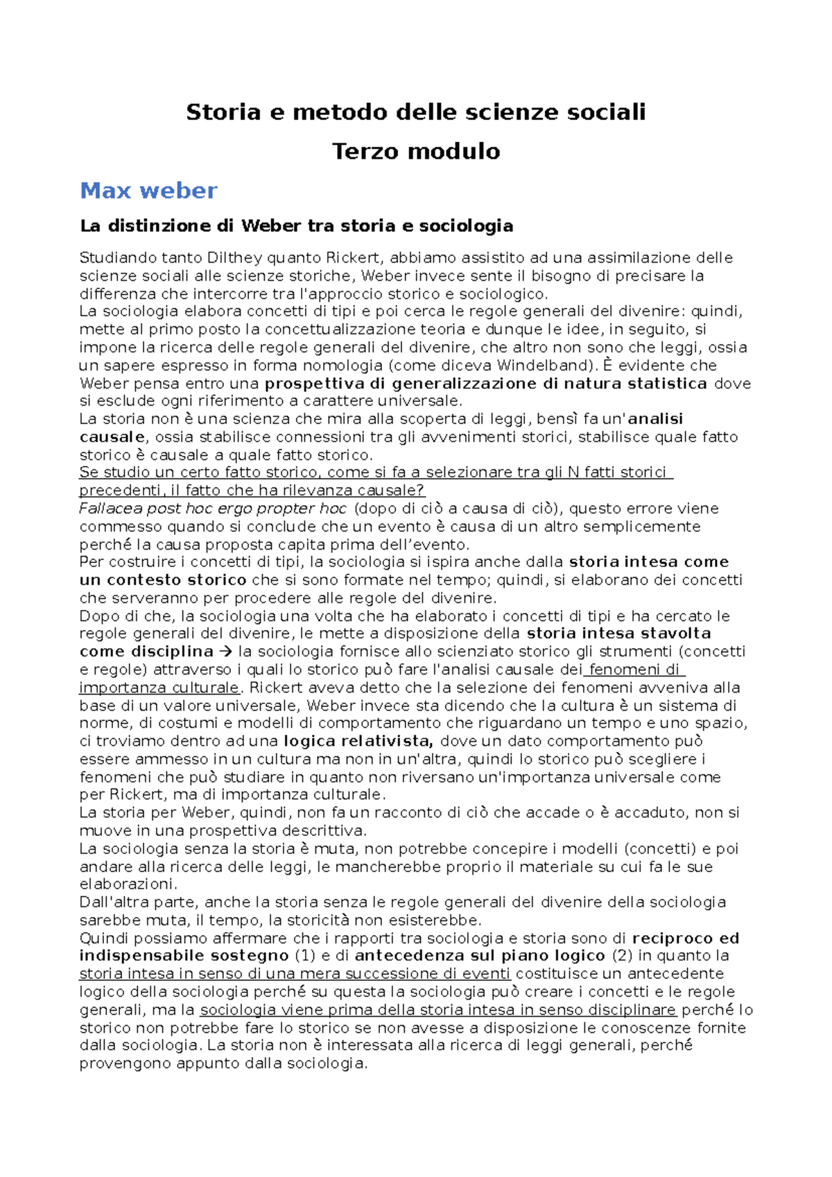 Max Weber La distinzione di Weber tra storia e sociologia - Storia e ...