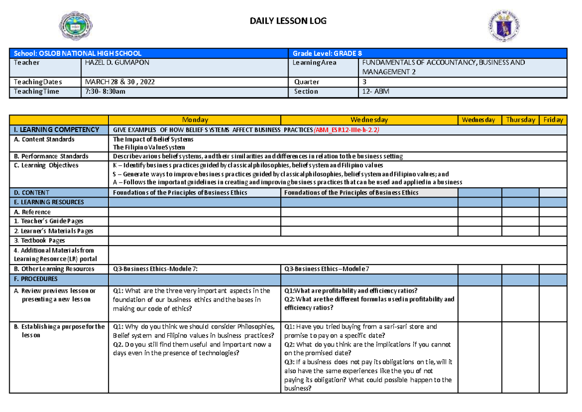 Daily lesson log i - DAILY LESSON LOG School: OSLOB NATIONAL HIGH ...