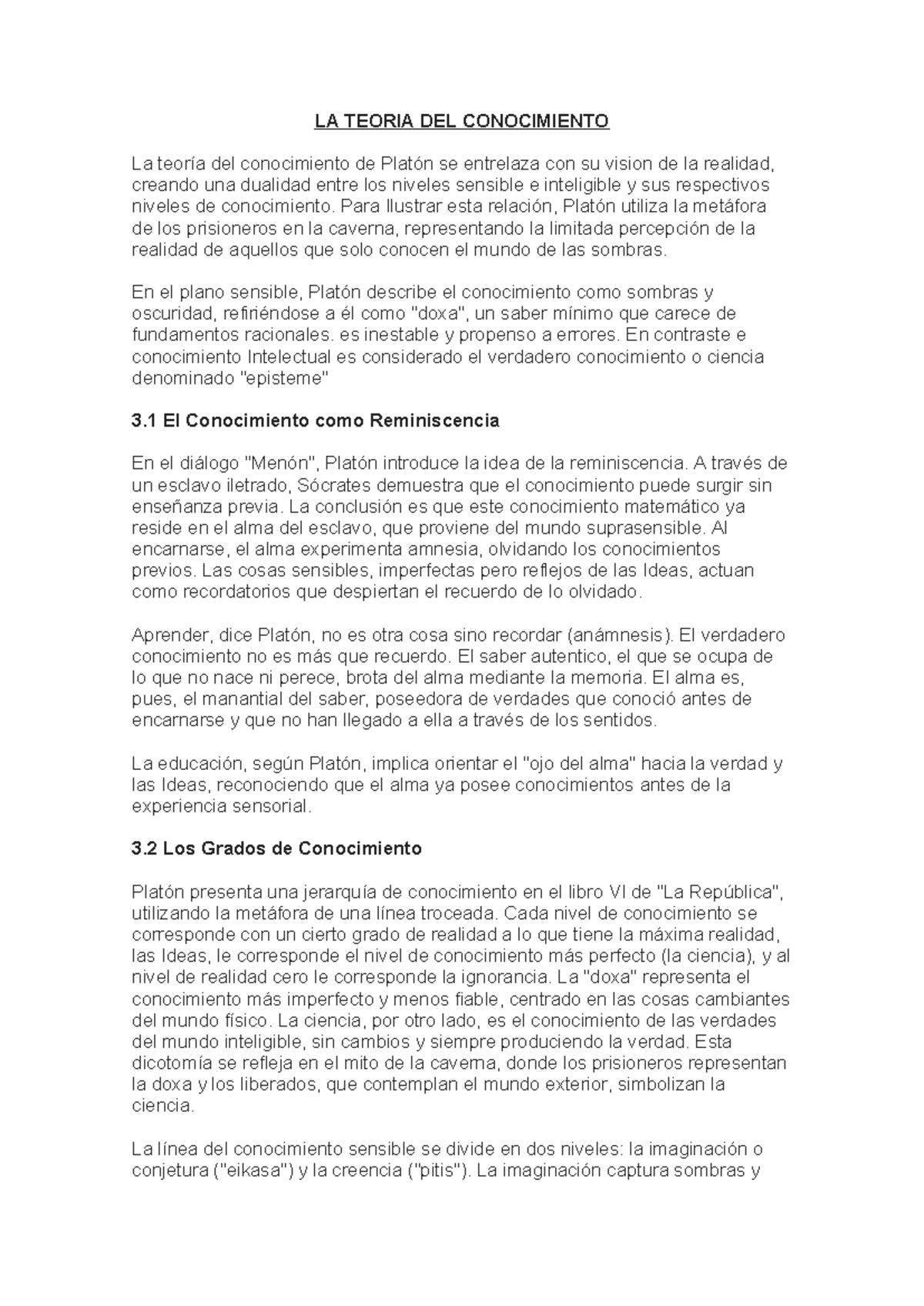 LA TeoríA DEL Conocimiento DE PlatóN - LA TEORIA DEL CONOCIMIENTO La ...
