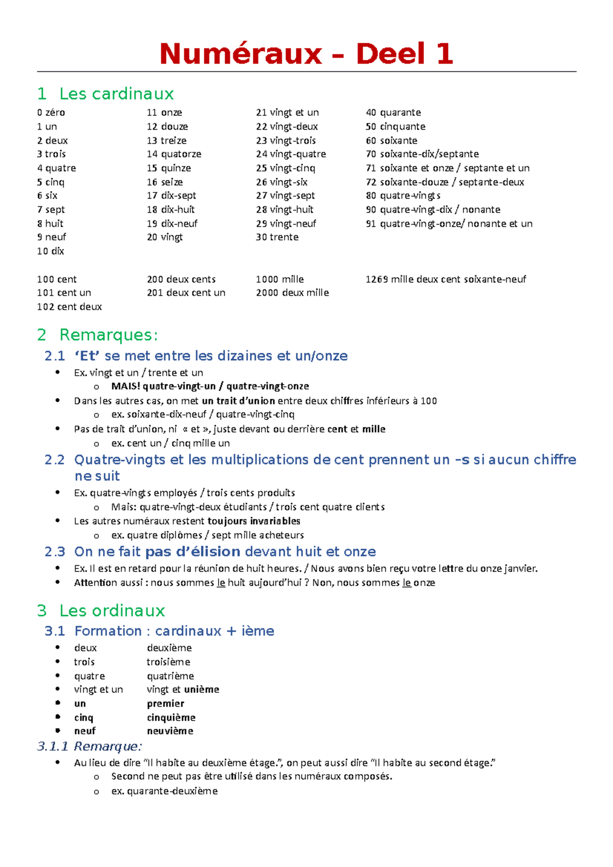 Samenvatting Numéraux - pron rel - imp vs pc - papa - Numéraux Deel 1 1 ...