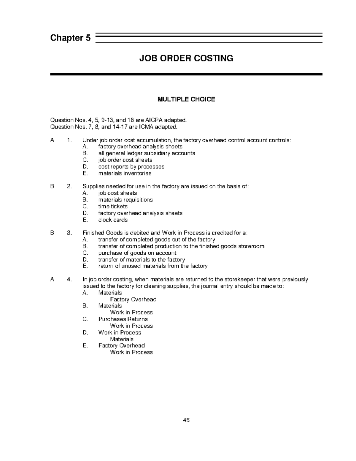 Ch05TB - JOB Order Costing - 46 Chapter 5 JOB ORDER COSTING MULTIPLE ...