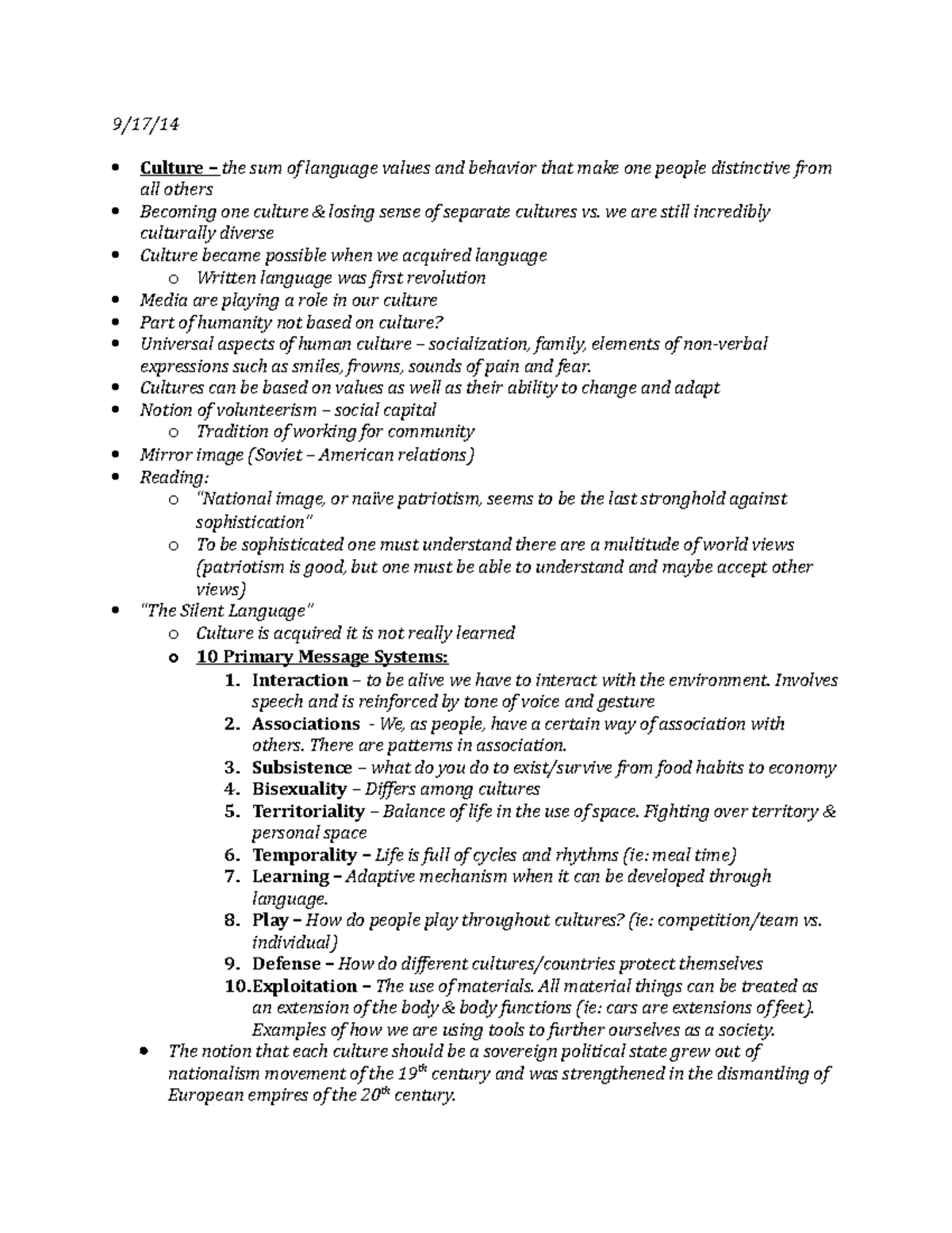 Int Comm Notes - 9/17/ Culture – the sum of language values and ...