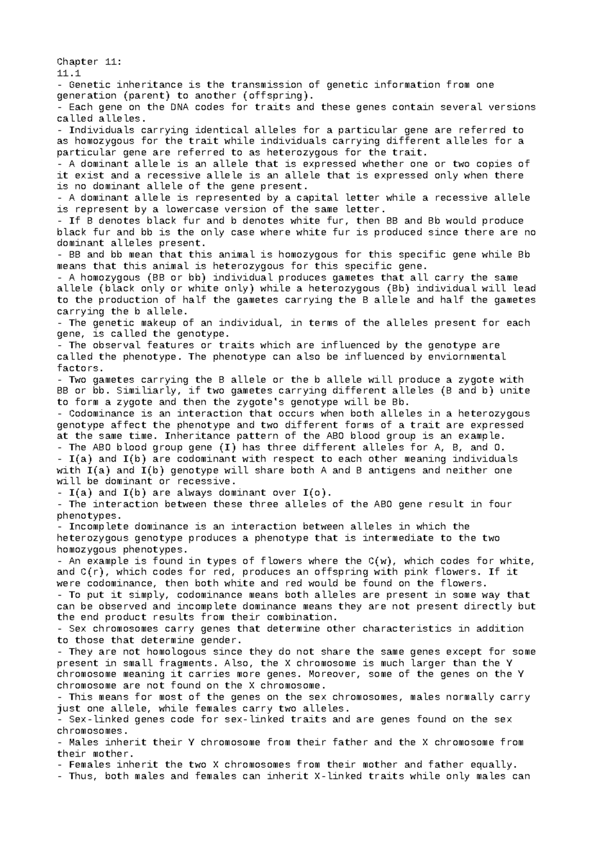Chapter 11 Biology - summary of ch11 bio M book - Chapter 11: 11. Genetic inheritance is the ...