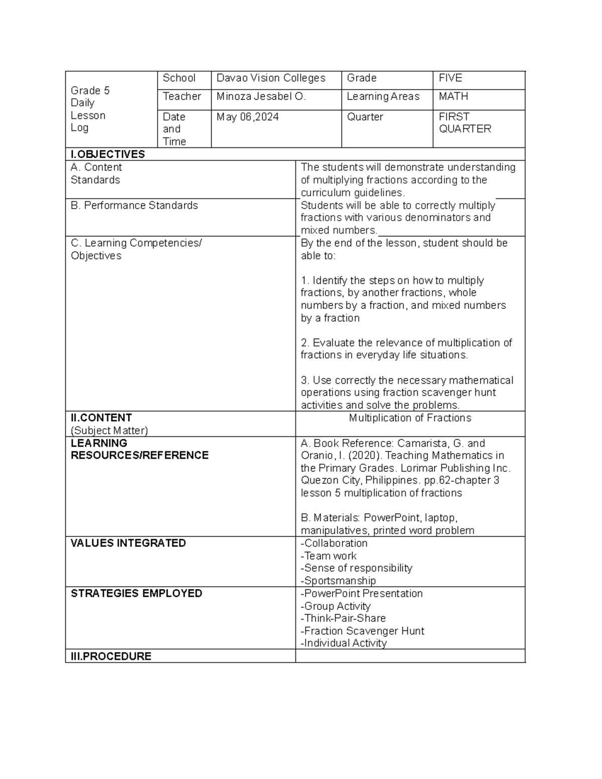 Lesson PLAN FOR DEMO 1 - Grade 5 Daily Lesson Log School Davao Vision ...