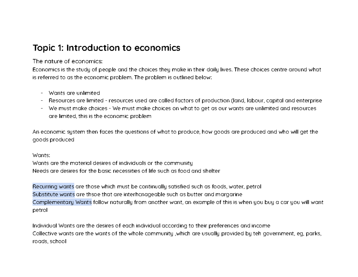 econimcs preliminary notes - Topic 1: Introduction to economics The ...