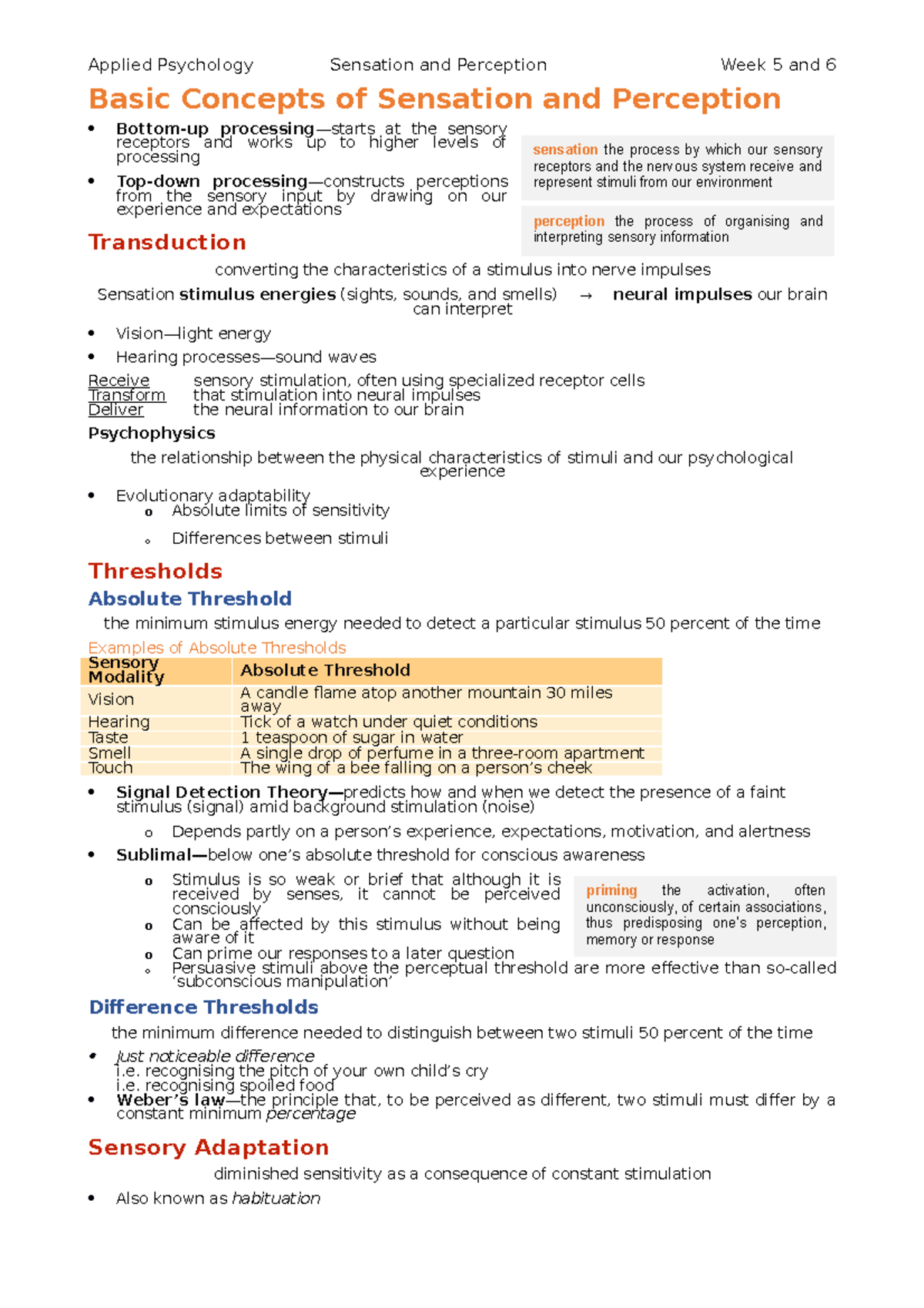 5 and 6 - Lecture notes 5-6 - Applied Psychology Sensation and ...