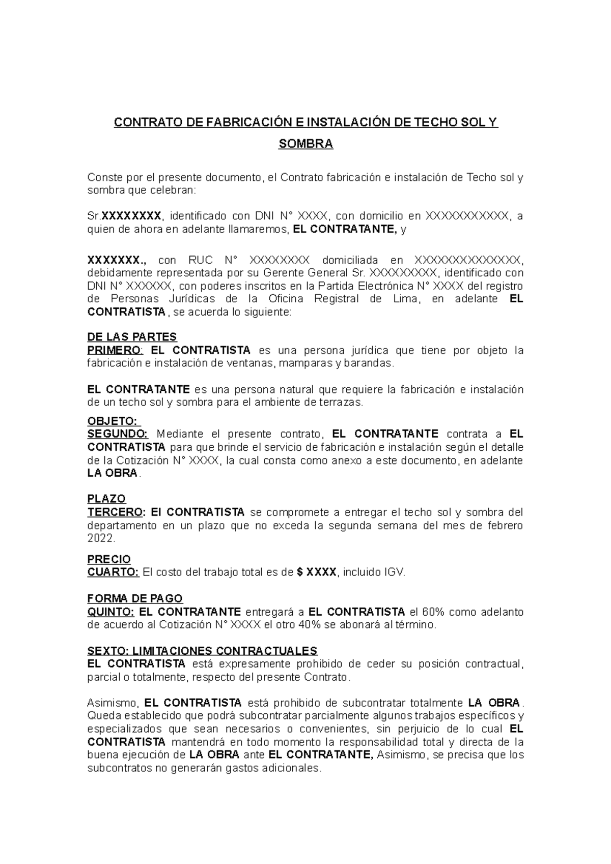 Contrato DE Fabricación E Instalación DE Techo SOL Y Sombra Datos ...