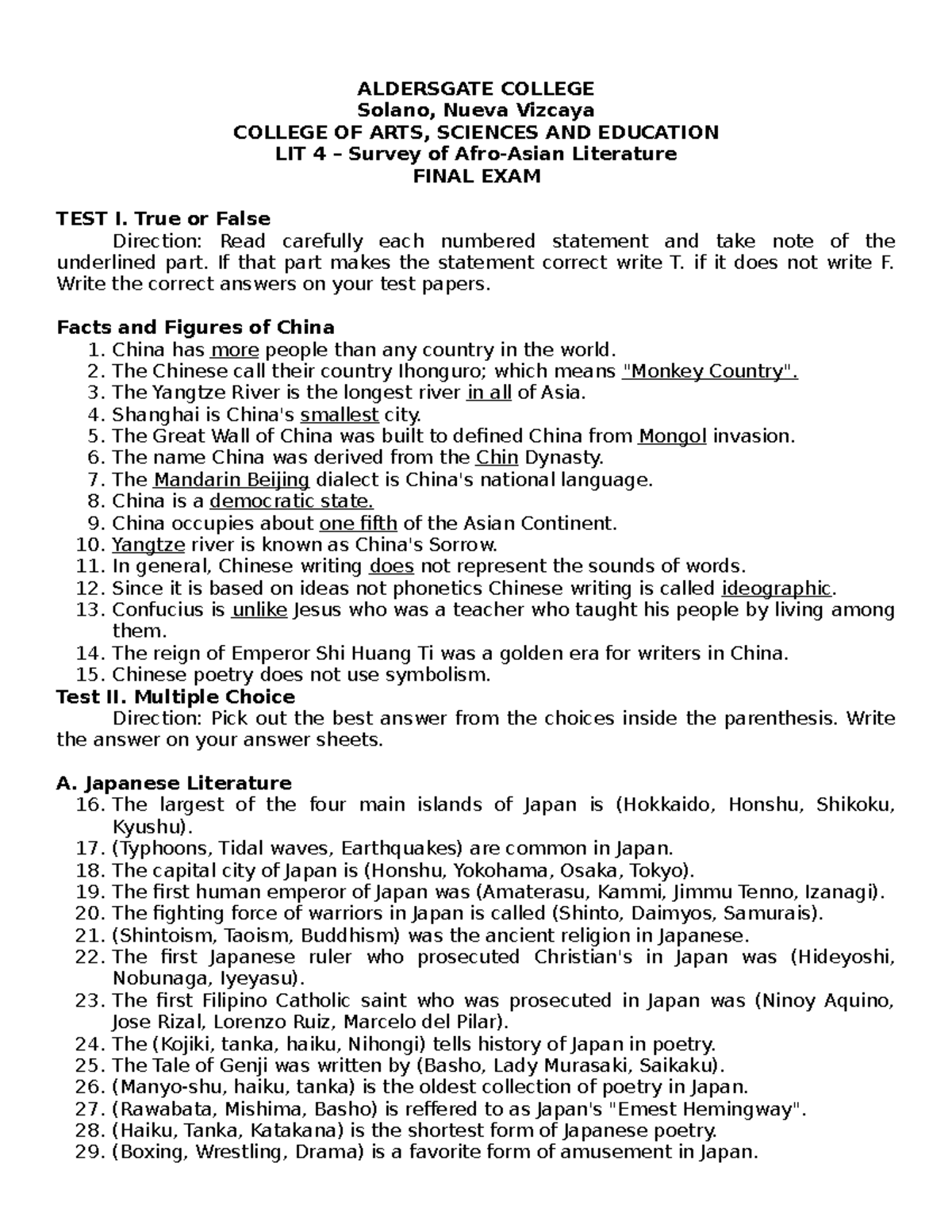 LIT 4 Final Test - Informative - ALDERSGATE COLLEGE Solano, Nueva ...
