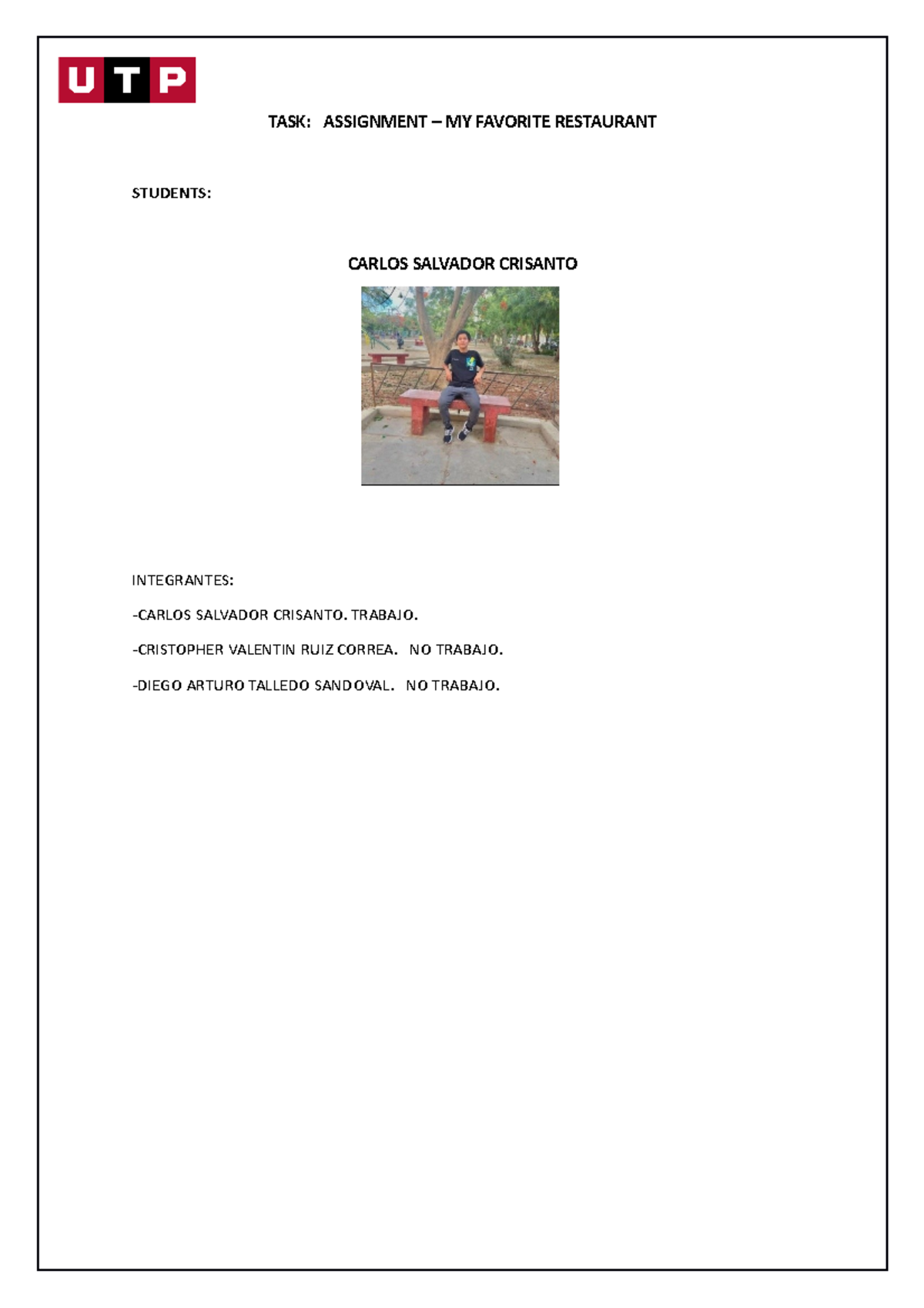 MY Favorite Restaurant - TASK: ASSIGNMENT – MY FAVORITE RESTAURANT ...