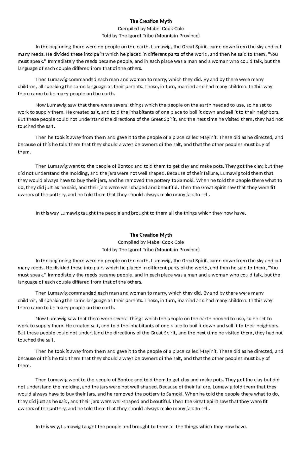 Document 1 - The Creation Myth Compiled by Mabel Cook Cole Told by The ...