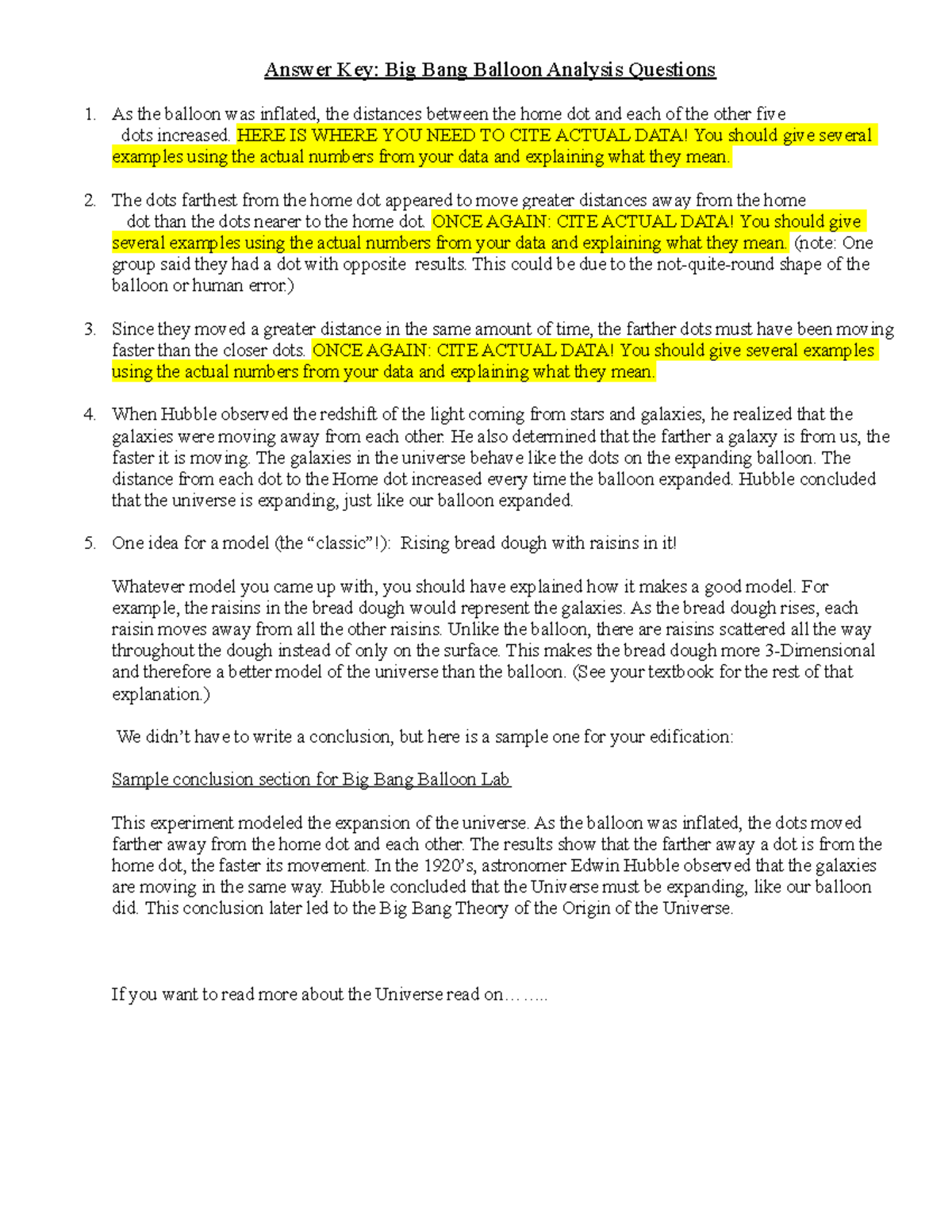 Big bang balloon answer key with notes on the universe - Answer Key ...