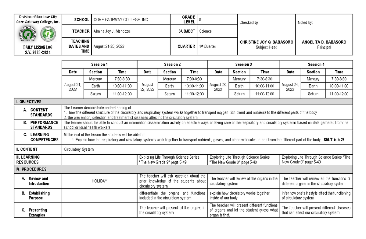 G9 DLL Aug 21 25 2023 - DAILY LOG LESSON - Division of San Jose City ...