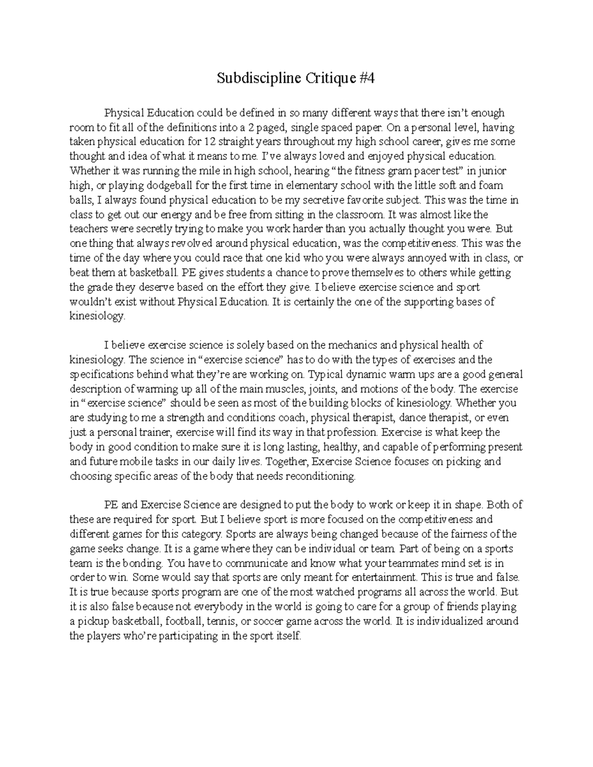 Subdiscipline Critique #4 - KIN 0081 - Studocu