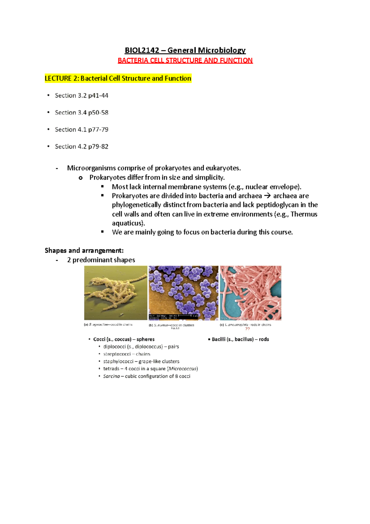 BIOL2142 Notes - BIOL2142 – General Microbiology BACTERIA CELL ...