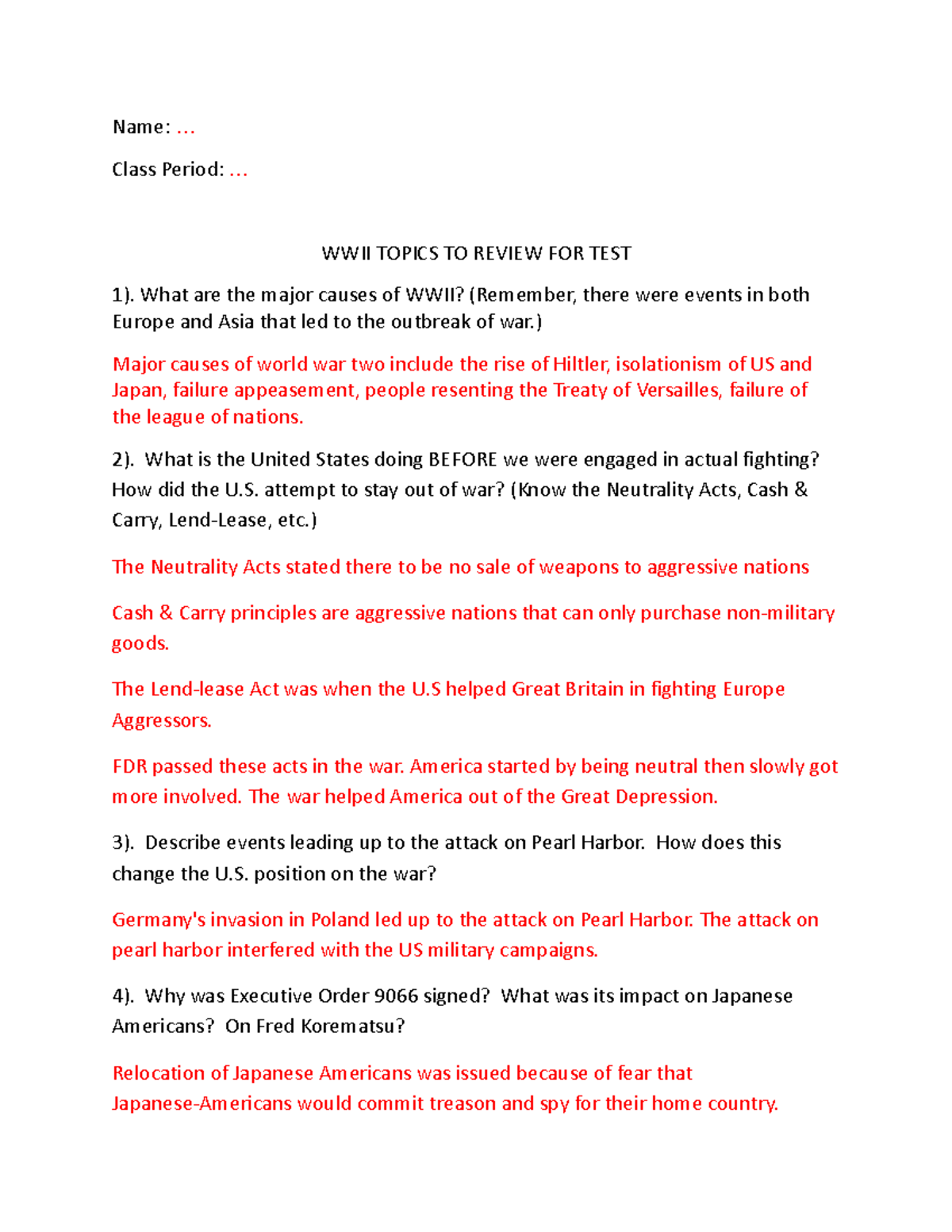 WWII TEST Review Sheet - AP US HISTORY - Name: ... Class Period ...