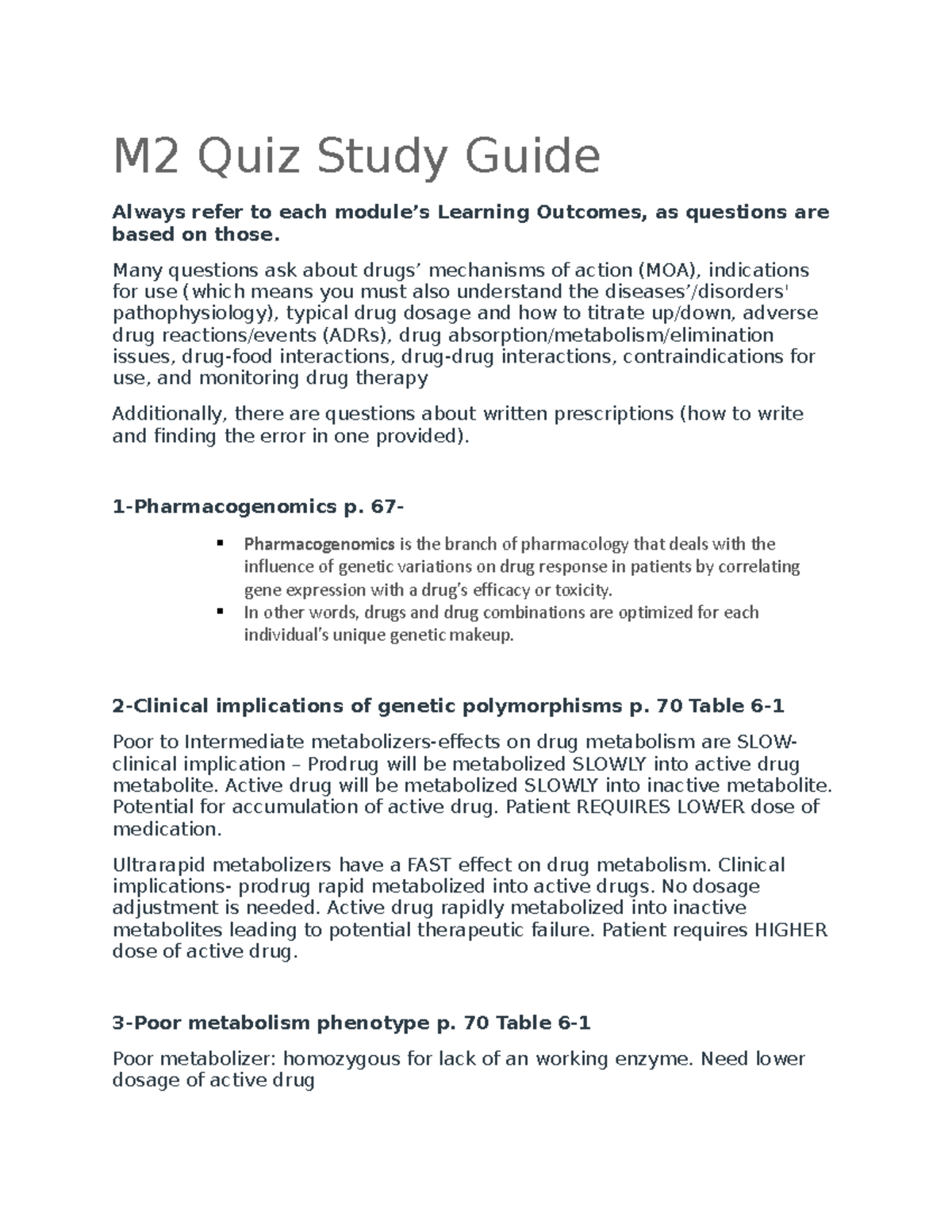M2 Quiz Study Guide-Adv Pharm - M2 Quiz Study Guide Always refer to ...